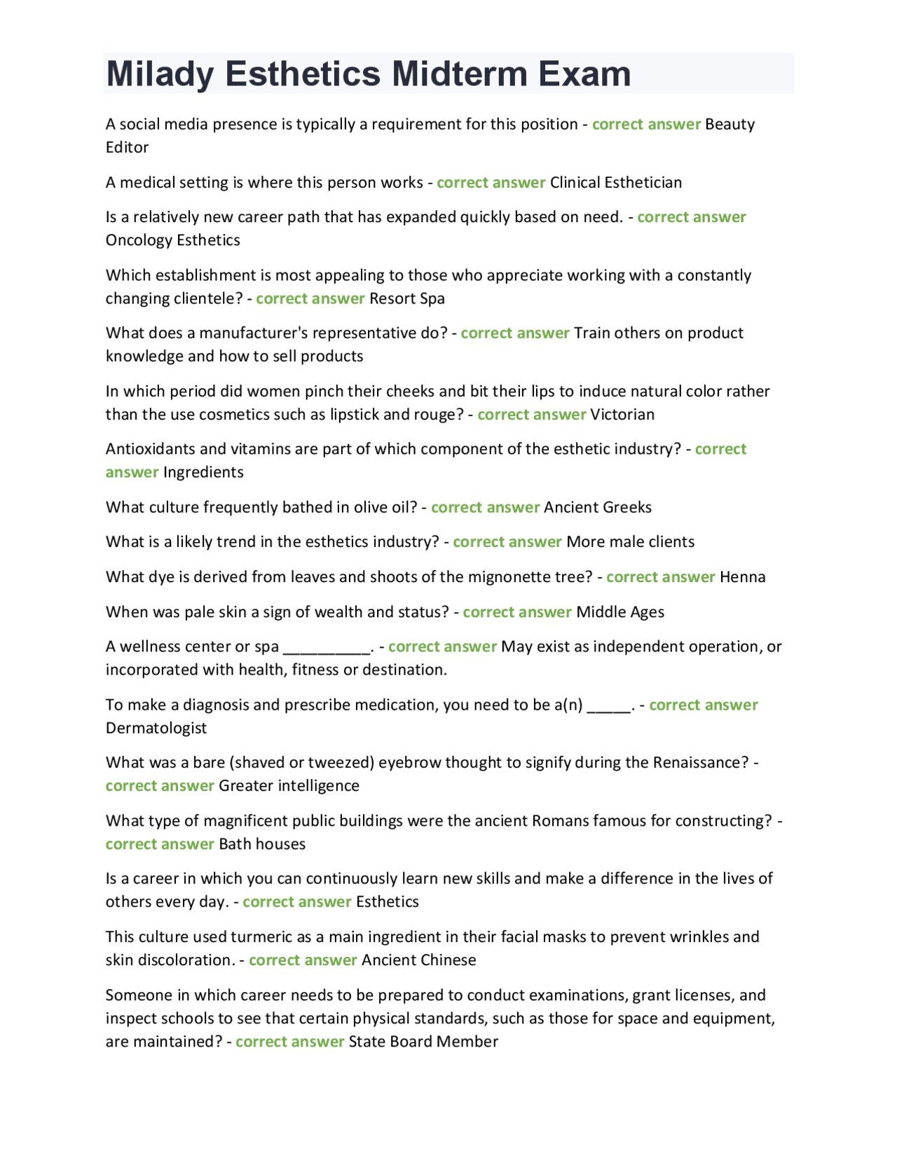 Milady Esthetics Midterm Exam 390 quiz and correct answers | Exams ...