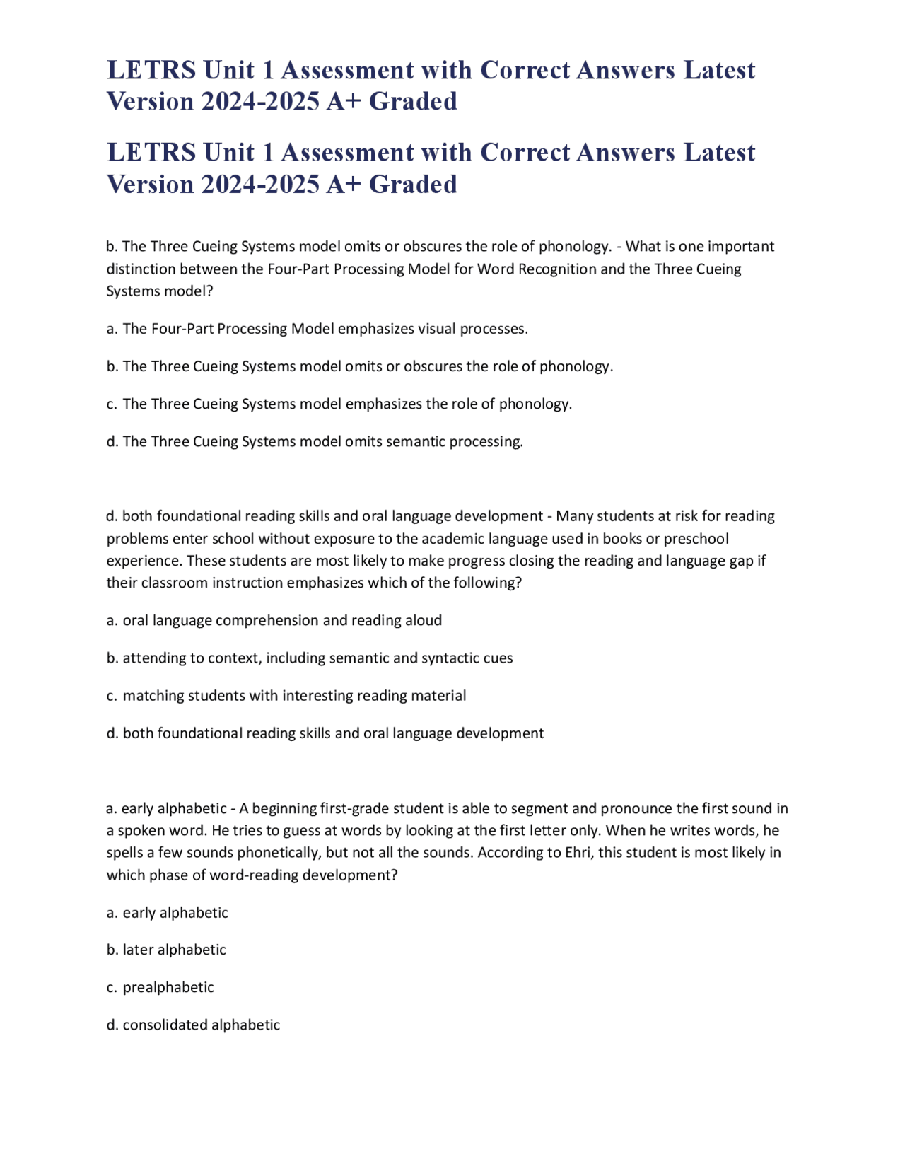 LETRS Unit 1 Assessment with Correct Answers Latest Version 2024-2025 ...