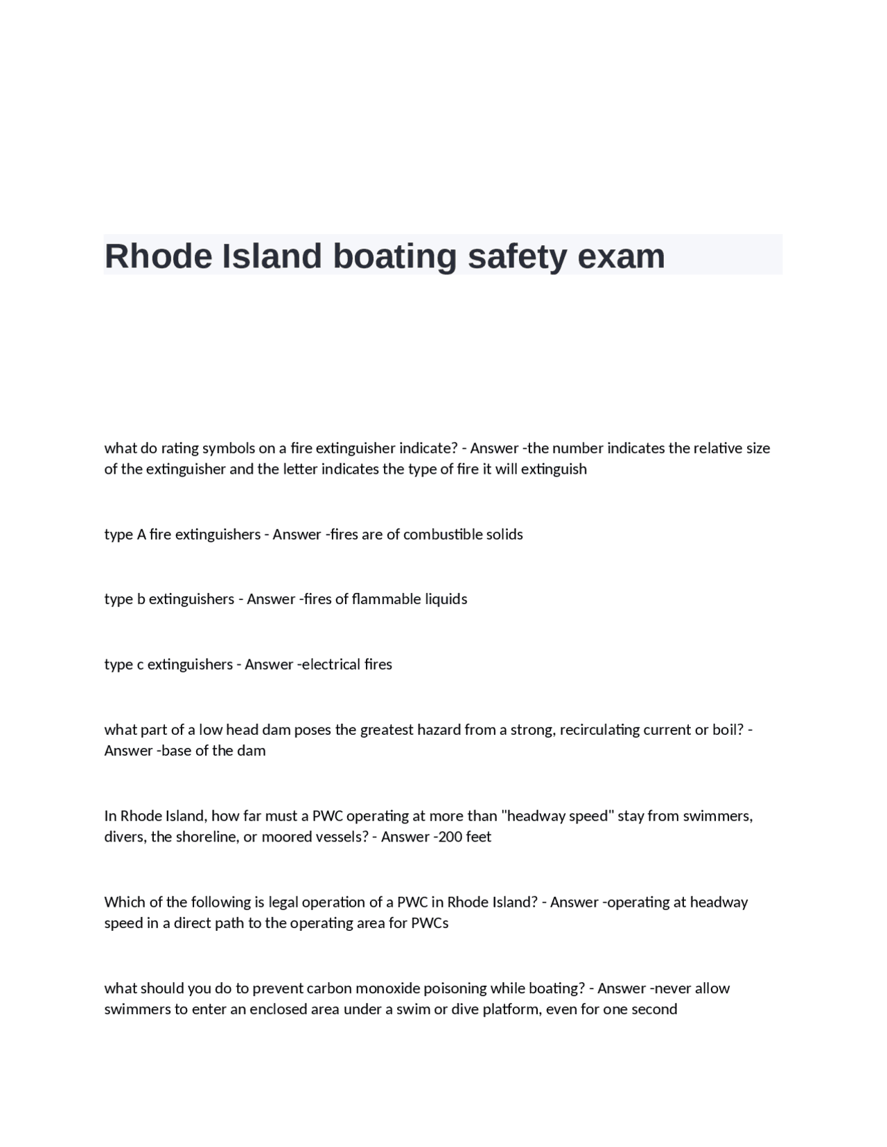 Rhode Island Boating Safety Exam | Exams Nursing | Docsity
