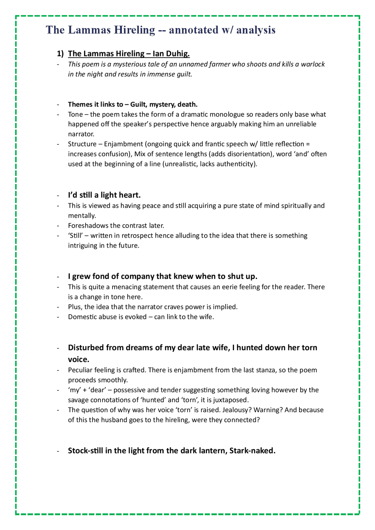 The Lammas Hireling -- annotated w/ analysis | Exams Poetry | Docsity