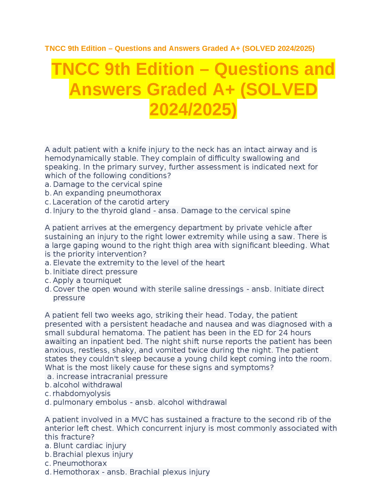 TNCC 9th Edition – Questions and Answers Graded A+ (SOLVED 20242025 ...