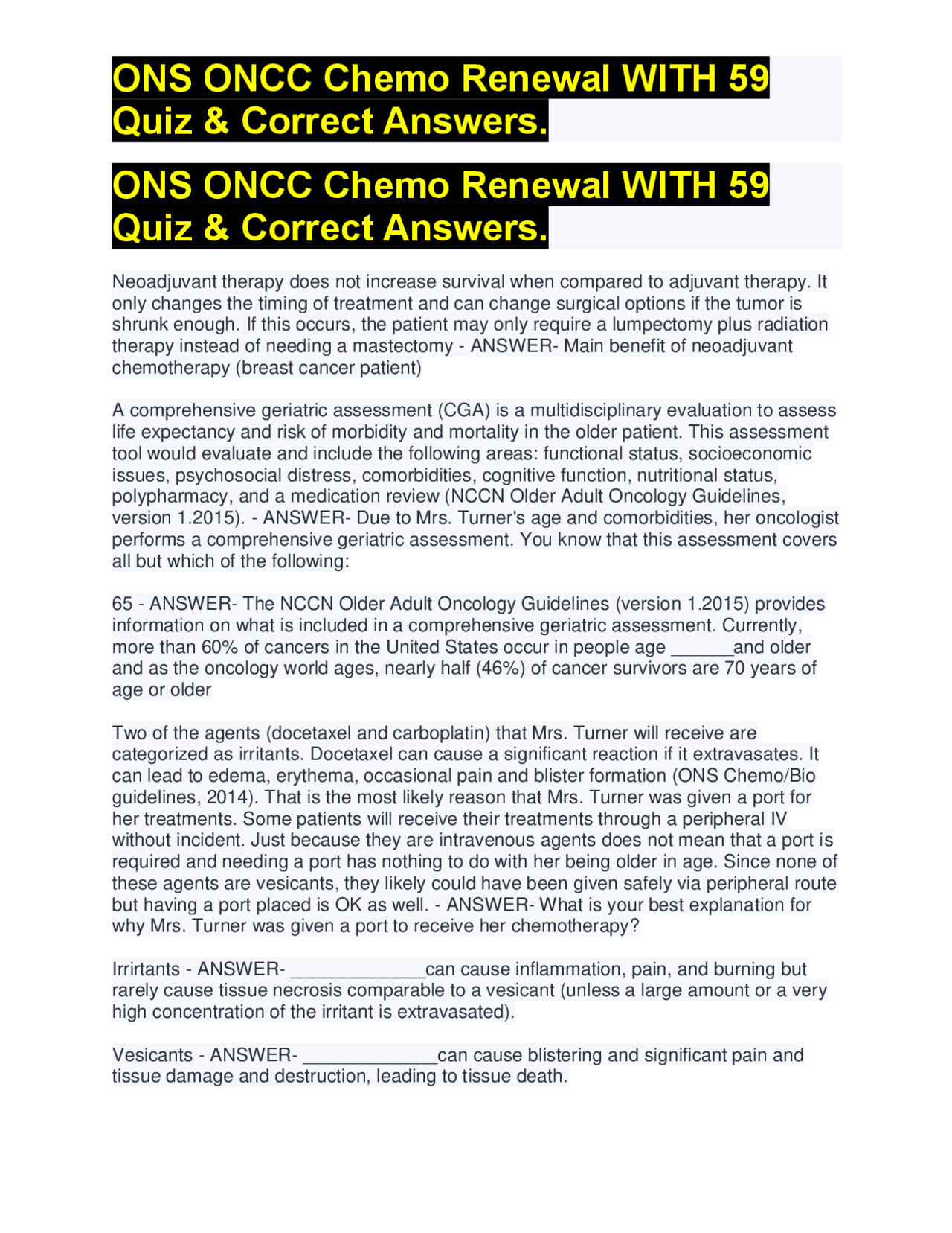 ONS ONCC Chemo Renewal WITH 59 Quiz & Correct Answers. | Exams Nursing ...
