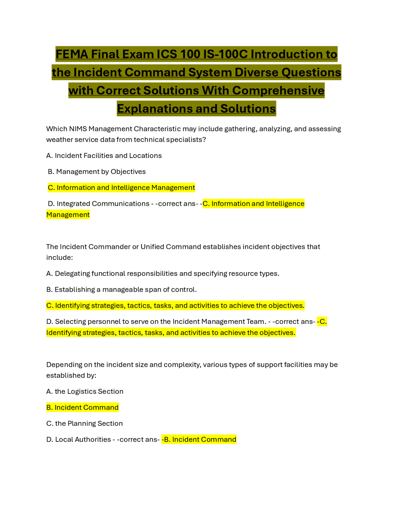 FEMA Final Exam ICS 100 IS-100C Introduction to the Incident Command System | Exams Project ...