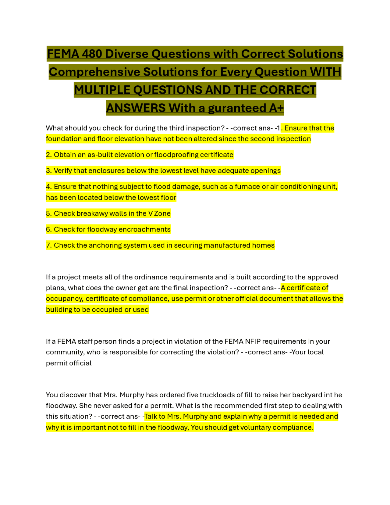 FEMA 480 Diverse Questions with Correct Solutions Comprehensive ...