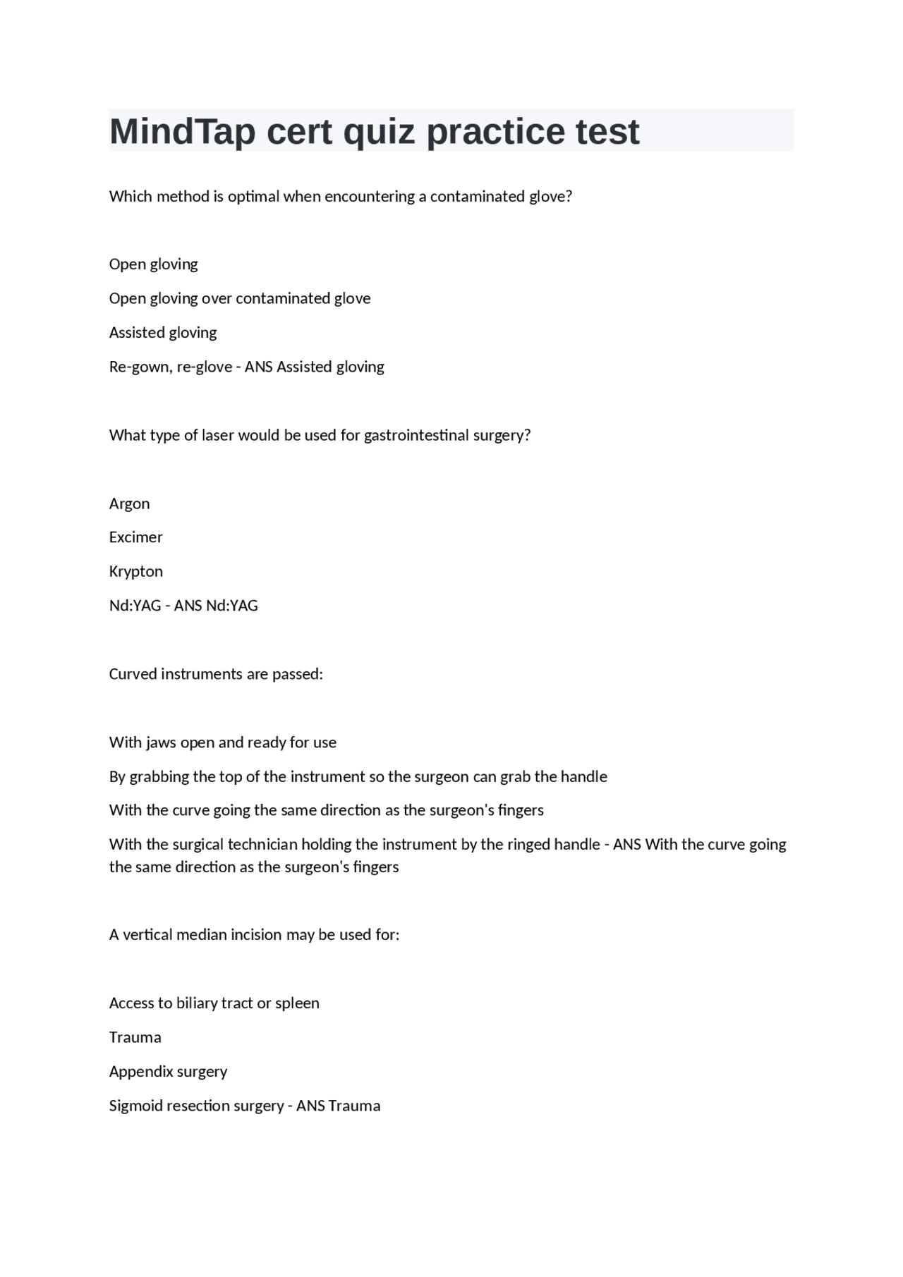 MindTap cert quiz practice test | Exams Nursing | Docsity