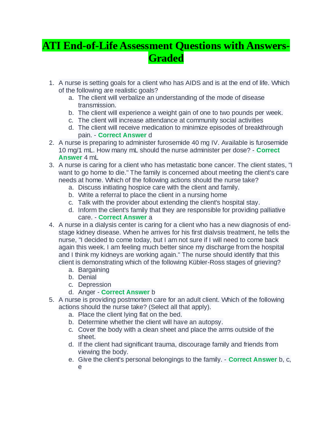 ATI End-of-Life Assessment Questions with Answers | Exams Nursing | Docsity