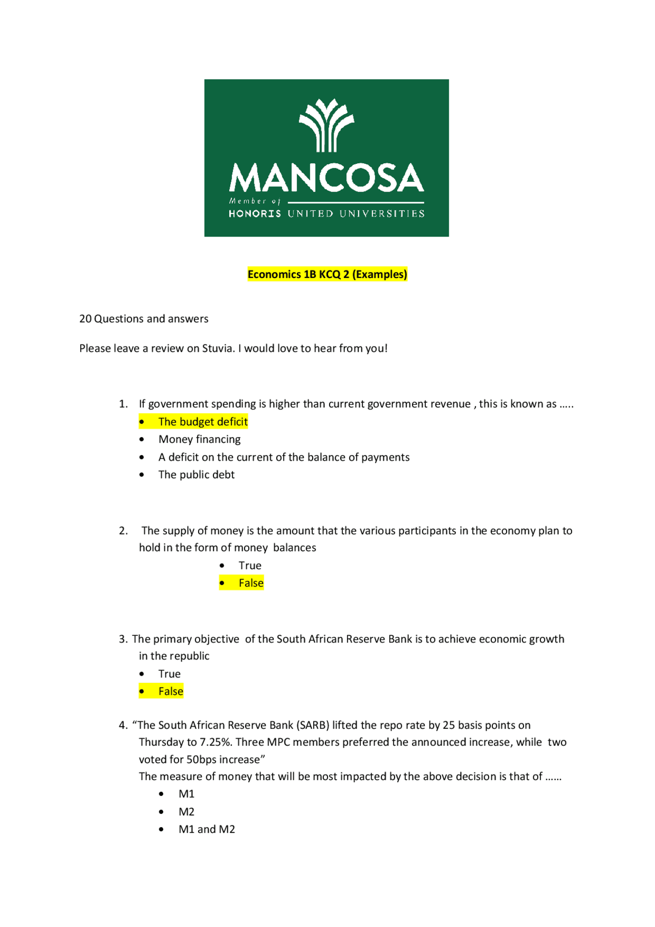 MANCOSA economics 1B kcq 2 answers | Assignments Economics | Docsity