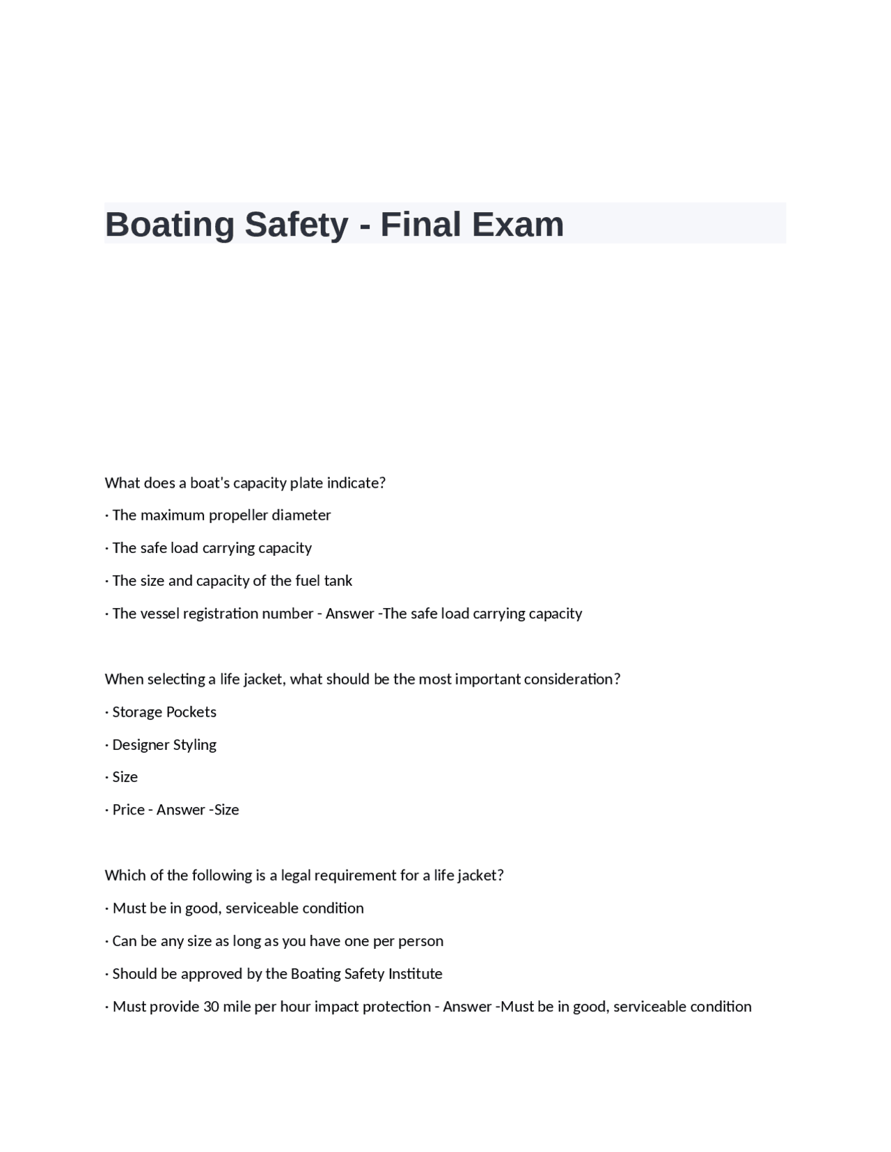 Boating Safety - Final Exam Questions and Answers | Exams Nursing | Docsity