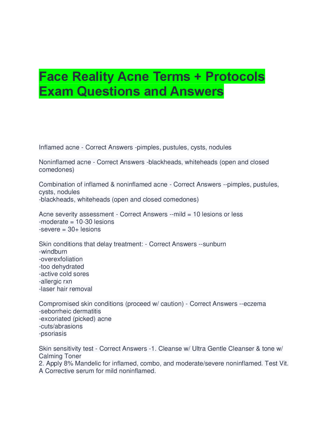Acne Exam Questions and Answers | Exams Advanced Education | Docsity