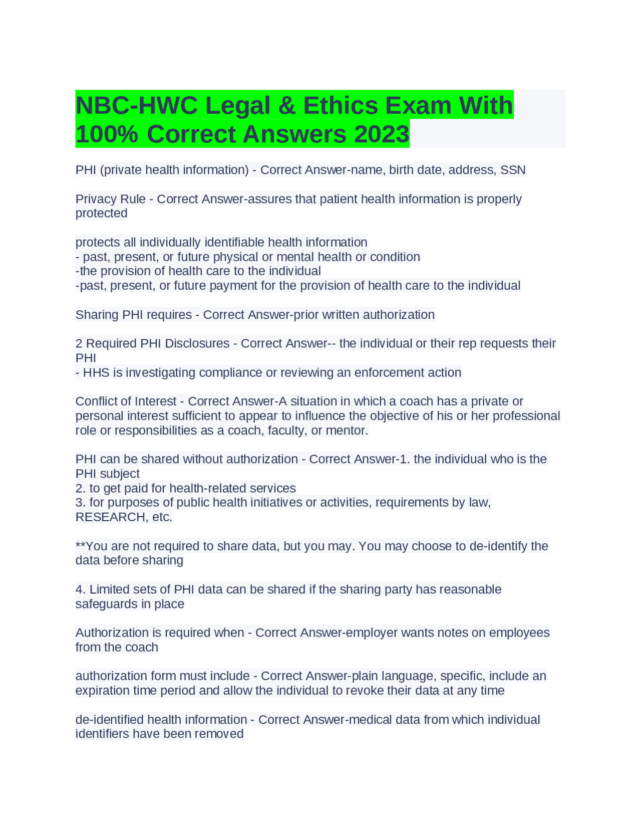 NBC-HWC Legal & Ethics Exam With 100% Correct Answers 2023 | Exams ...