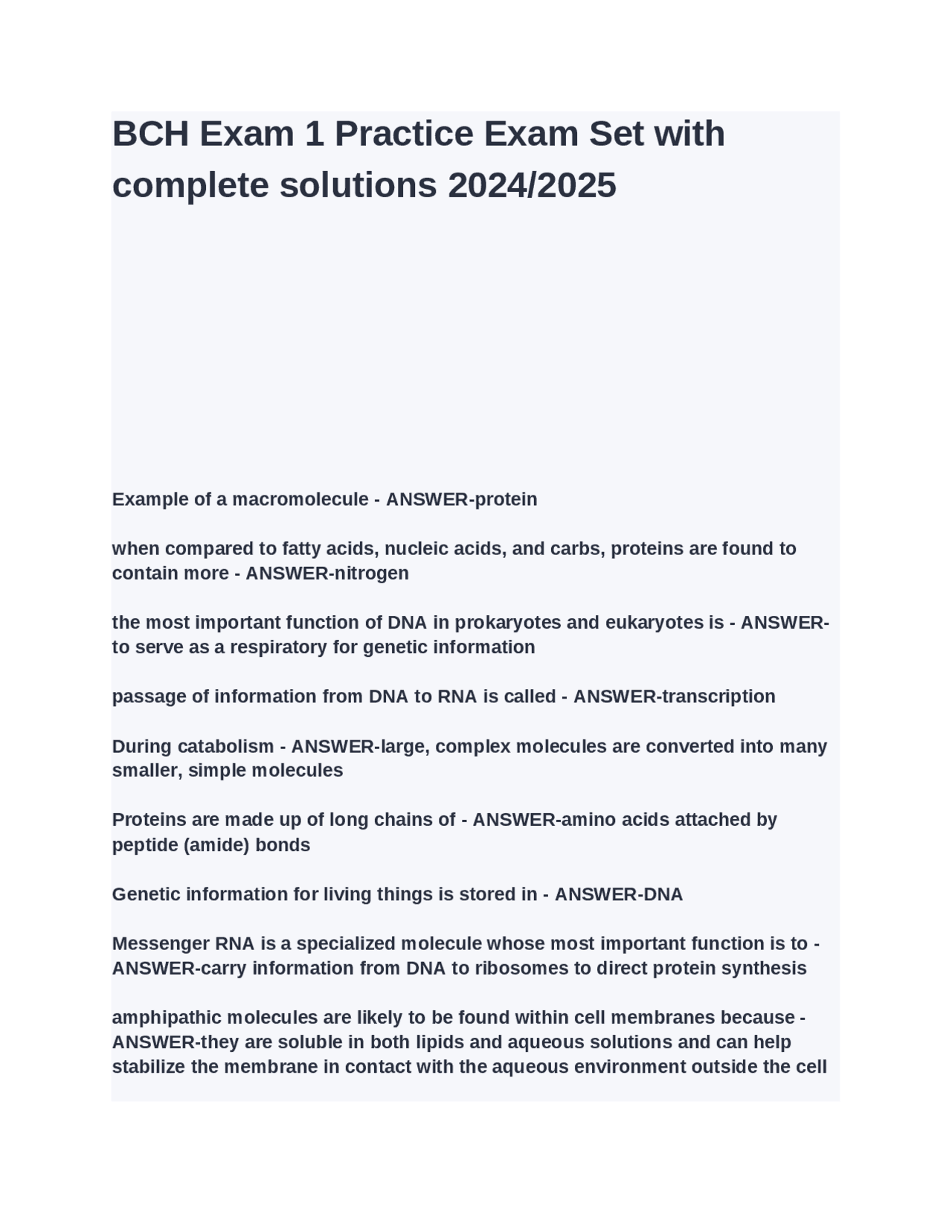 BCH Exam 1 Practice Exam Set with Complete Solutions 2024/2025 | Exams Health sciences | Docsity