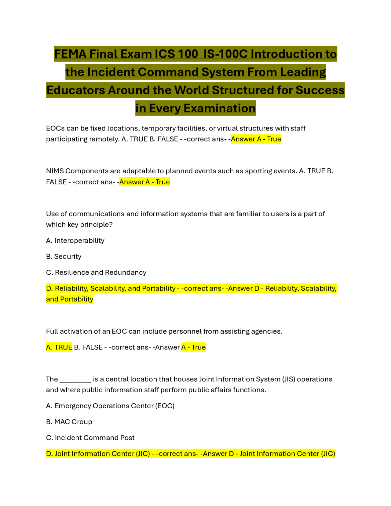 FEMA Final Exam ICS 100 IS-100C Introduction to the Incident Command ...