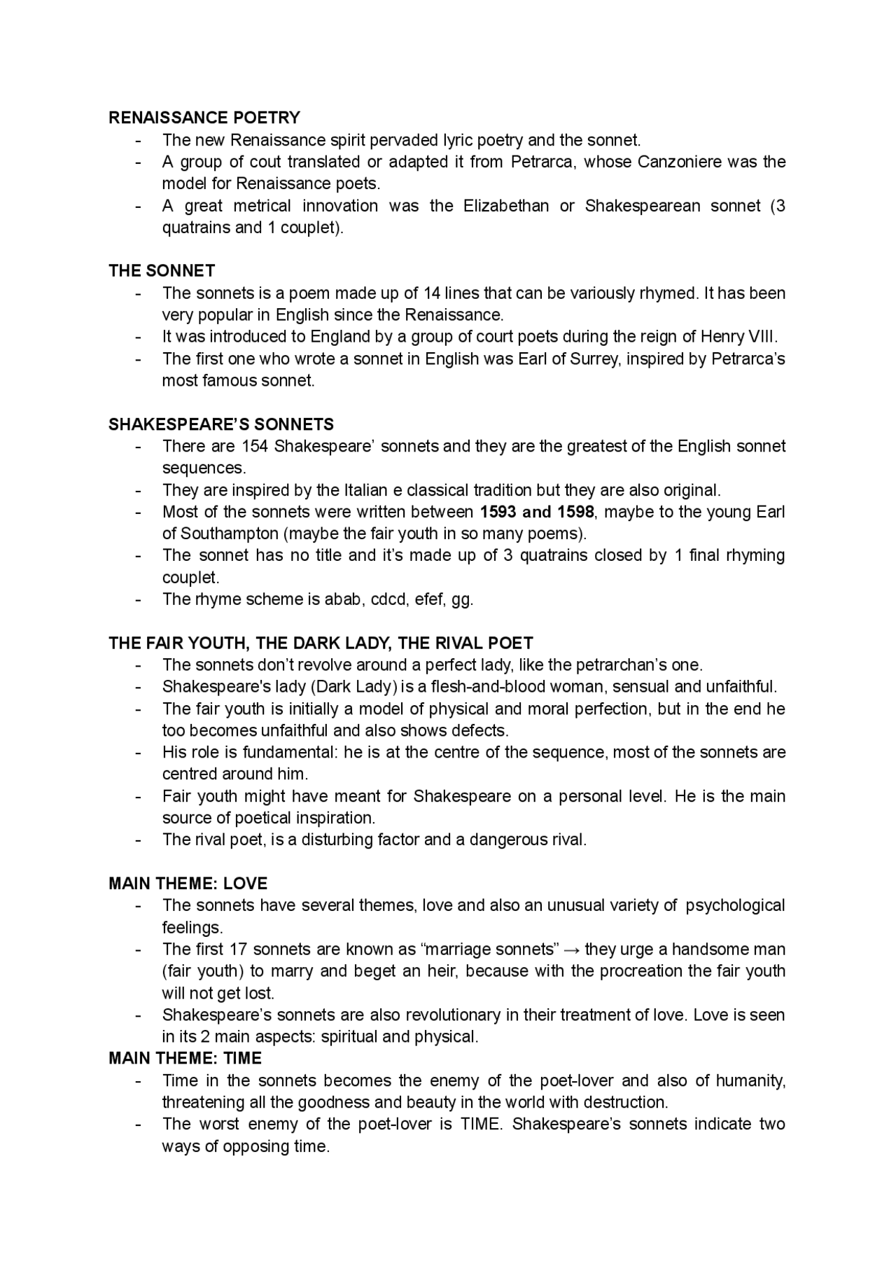 Renaissance Poetry and Shakespeare's Sonnets | Appunti di Inglese | Docsity