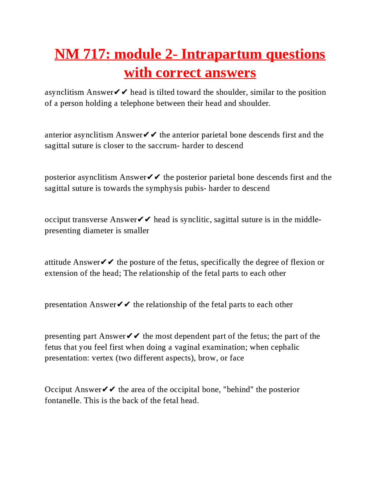 Obstetric Malpresentations and Complications | Exams Nursing | Docsity