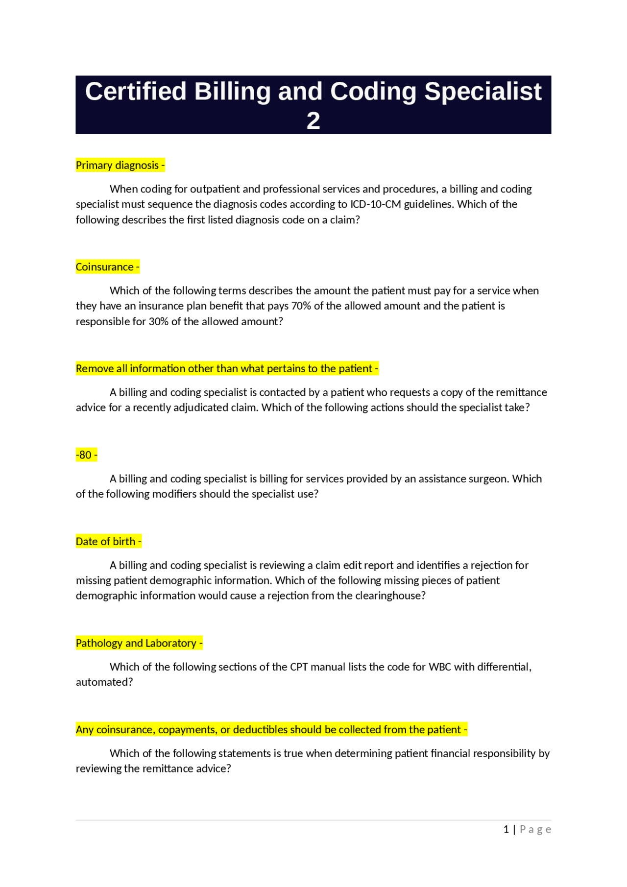 Billing and Coding Specialist Responsibilities | Exams Medicine | Docsity