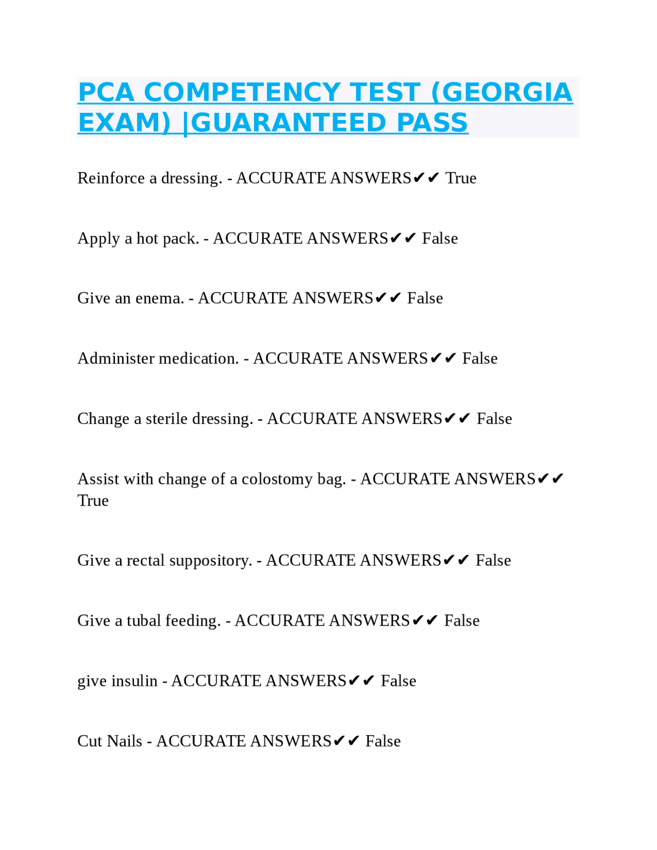 PCA COMPETENCY TEST (GEORGIA EXAM) |GUARANTEED PASS | Exams Nursing ...