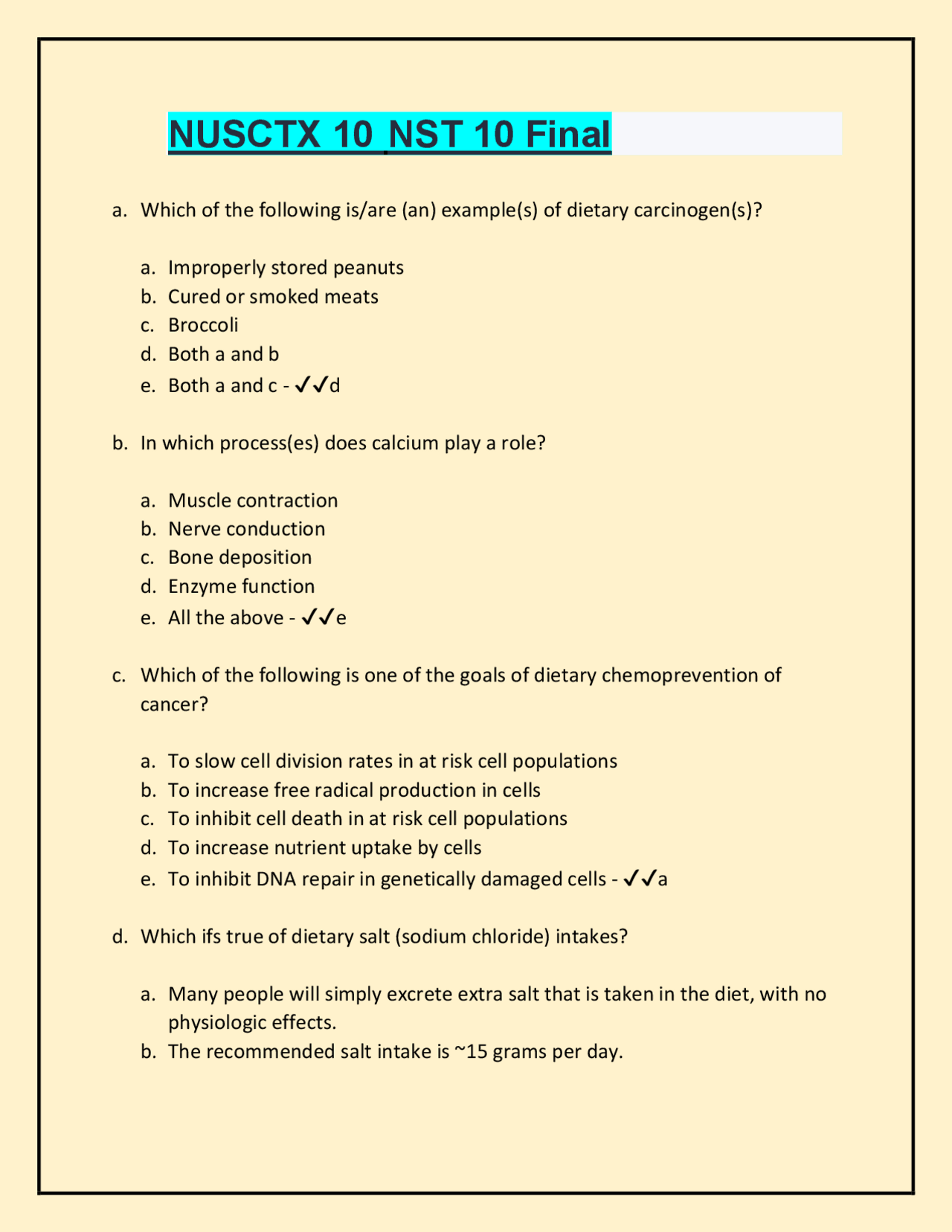 NUSCTX 10 NST 10 Final Questions with 100% correct and verified Answers | Exams Nutrition | Docsity
