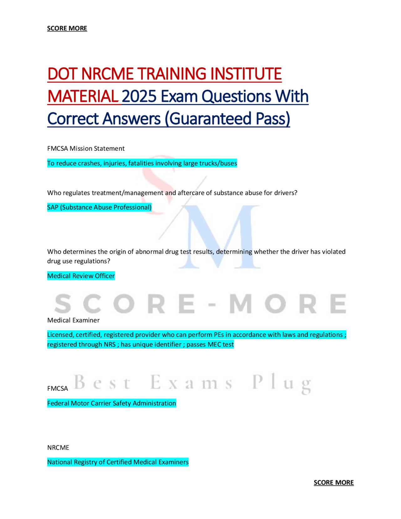 DOT NRCME Training Institute - Exam Questions and Answers | Exams ...