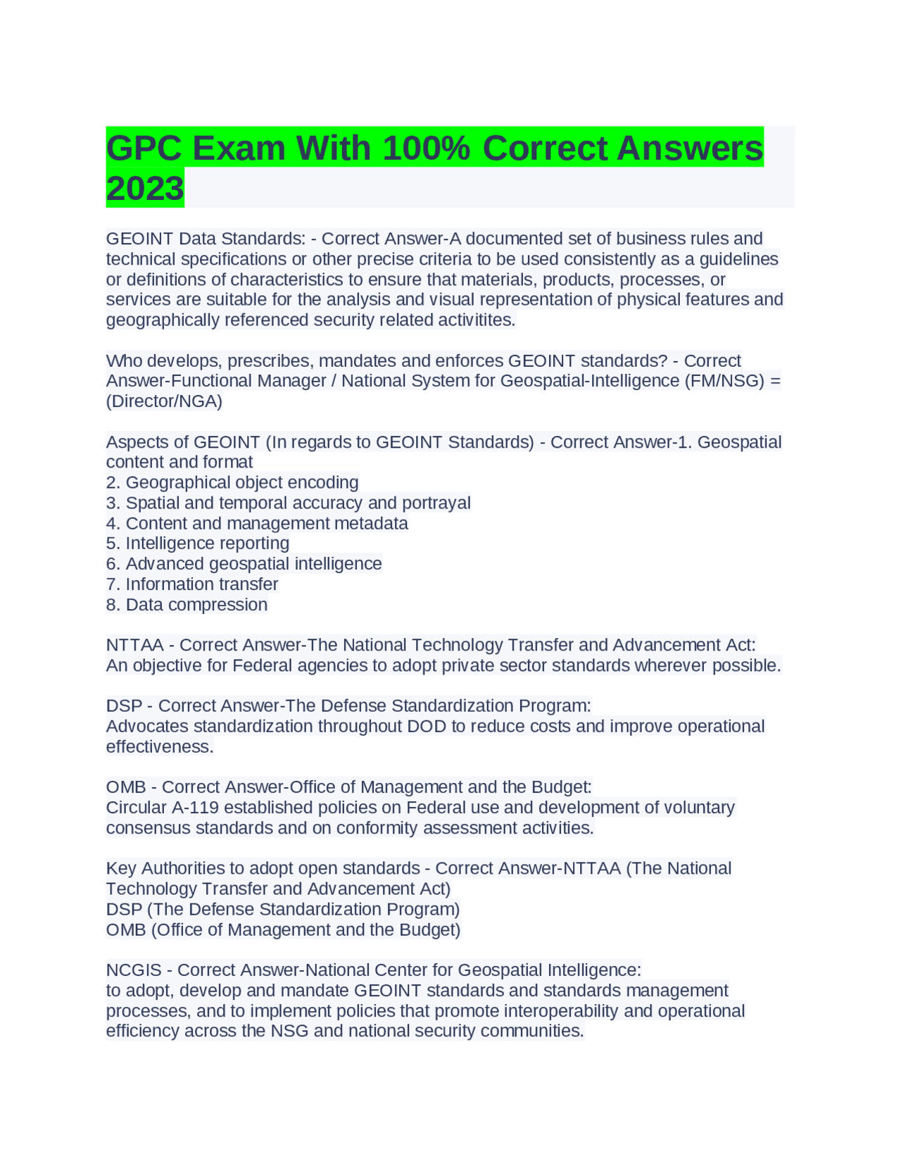 GEOINT Data Standards and Authorities | Exams Advanced Education | Docsity