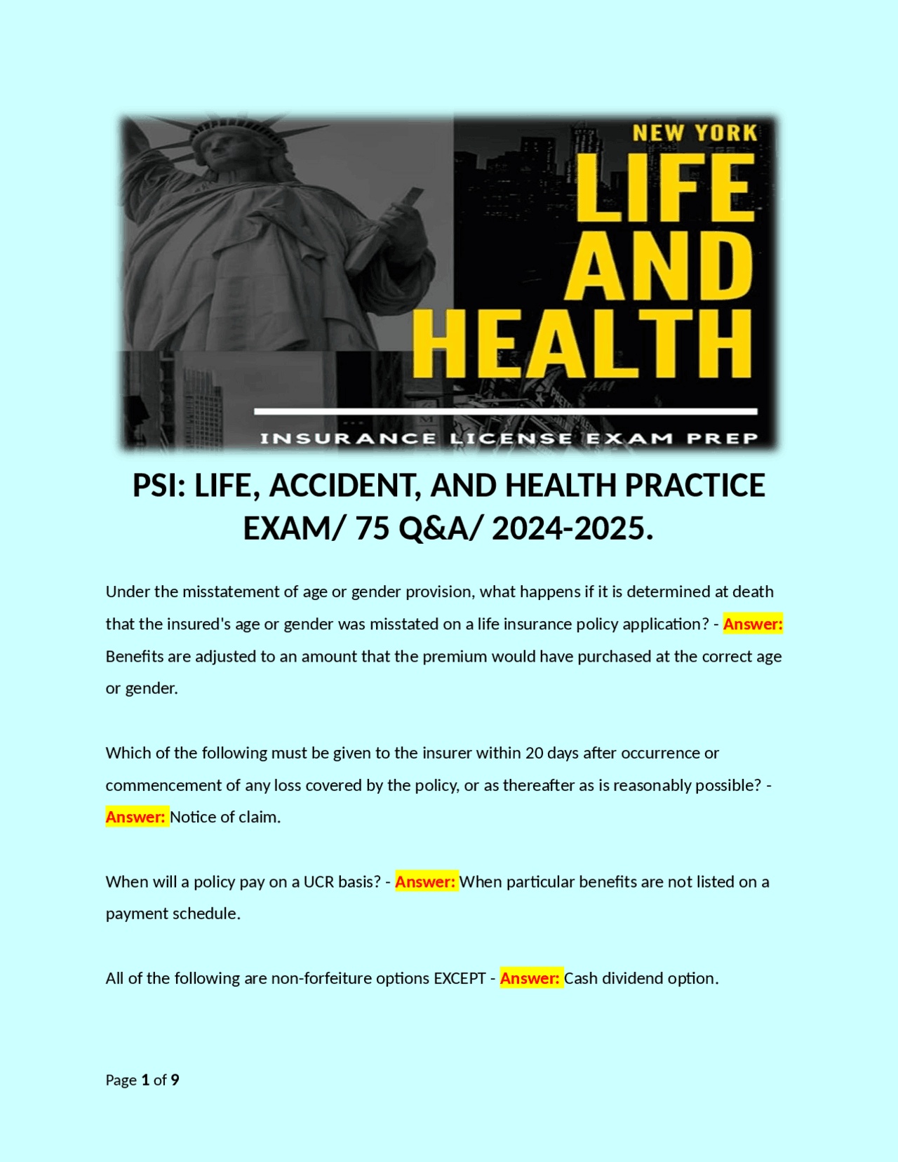 PSI: Life, Accident, and Health Practice Exam | Exams Insurance ...