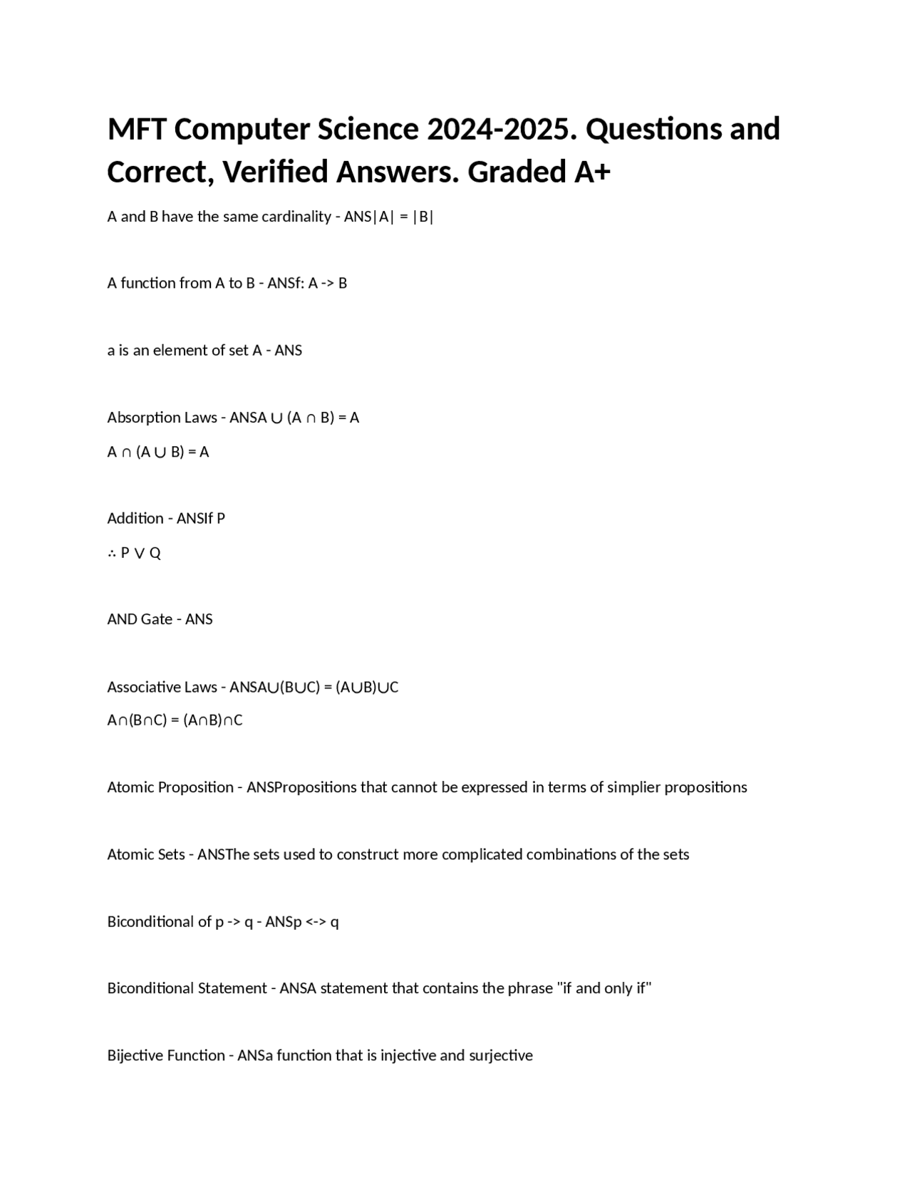 MFT Computer Science 2024-2025 Exam Preparation | Exams Computer Science | Docsity