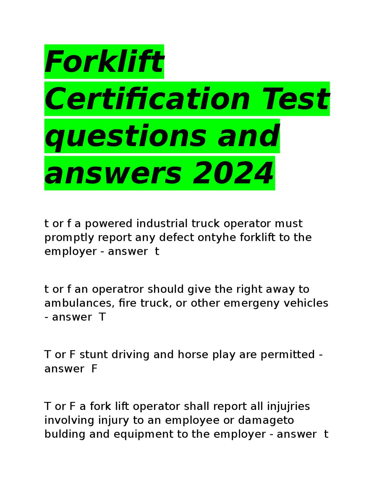 Forklift Certification Test questions and answers 2024.docx | Exams ...