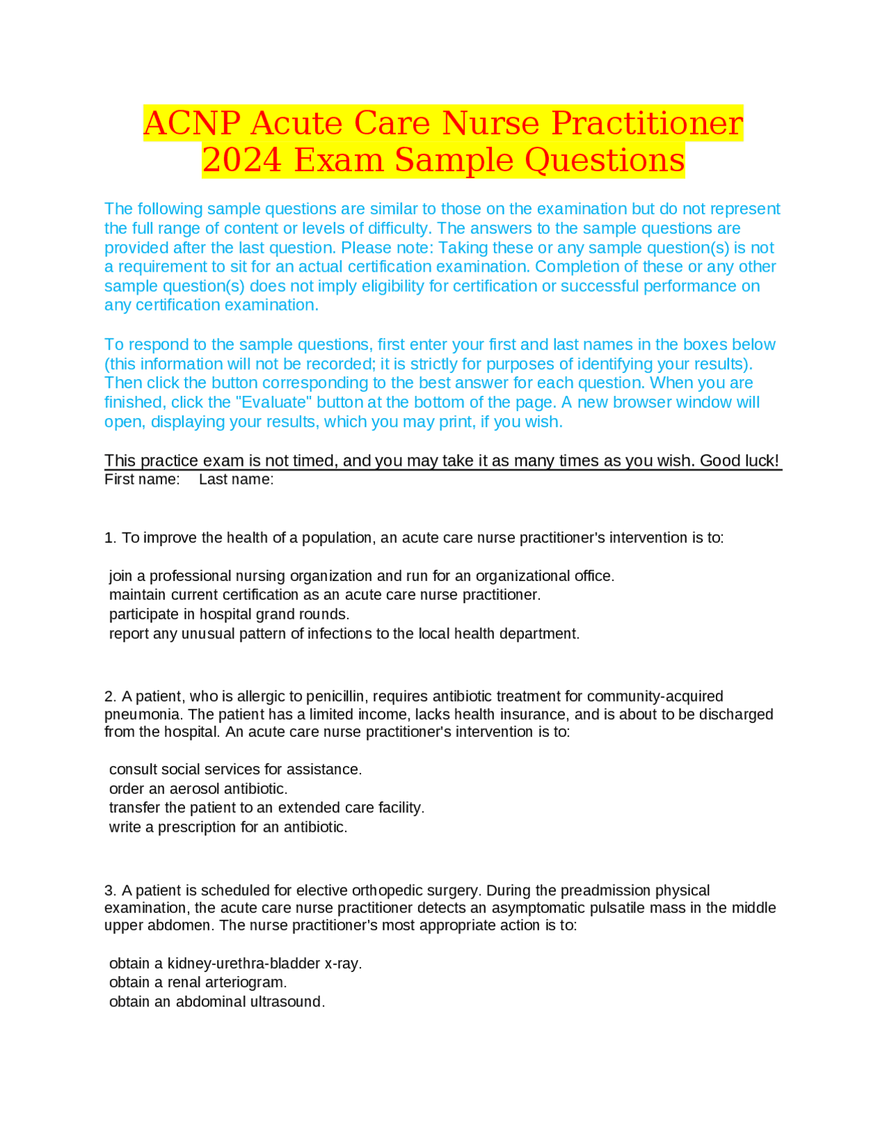 ACNP Acute Care Nurse Practitioner 2024 Exam Sample Questions | Exams ...