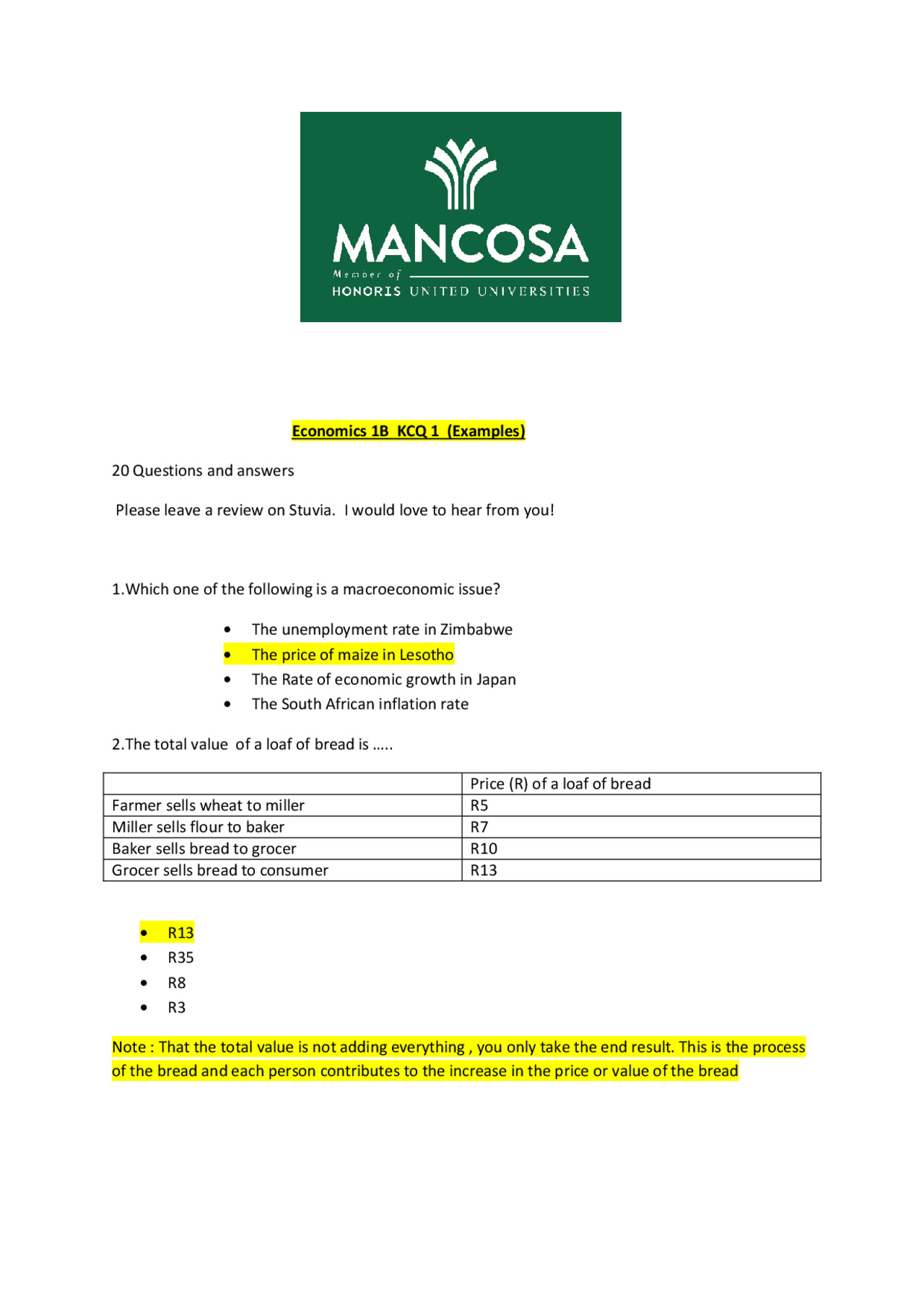 MANCOSA economics 1B past kcq 2 | Exercises Economics | Docsity