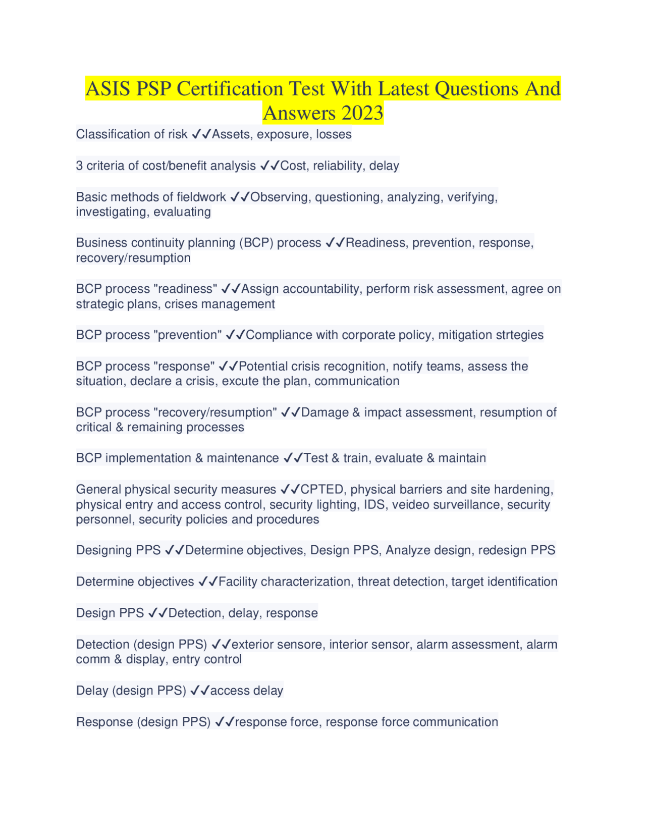 ASIS PSP Certification Test With Latest Questions And Answers 2023 ...