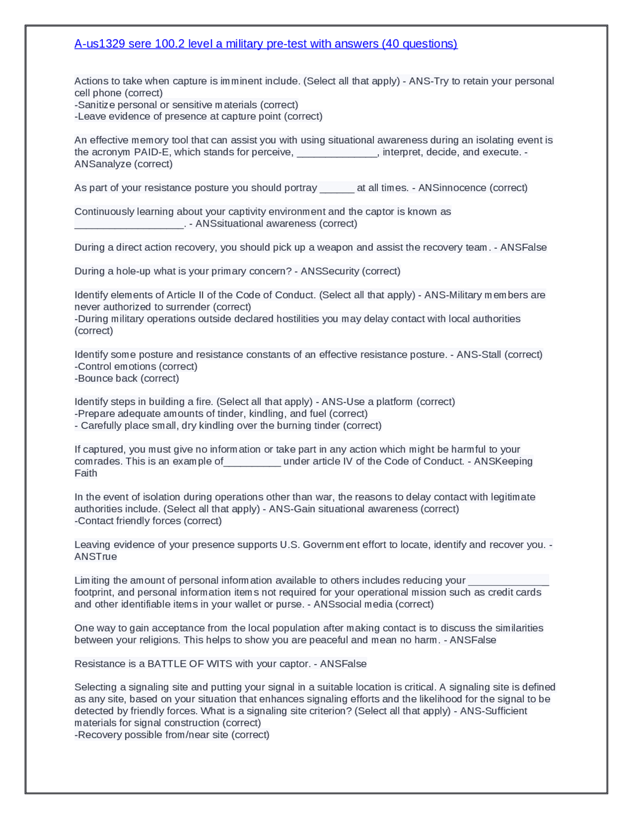 A-us1329 sere 100.2 level a military pre-test with answers (40 ...