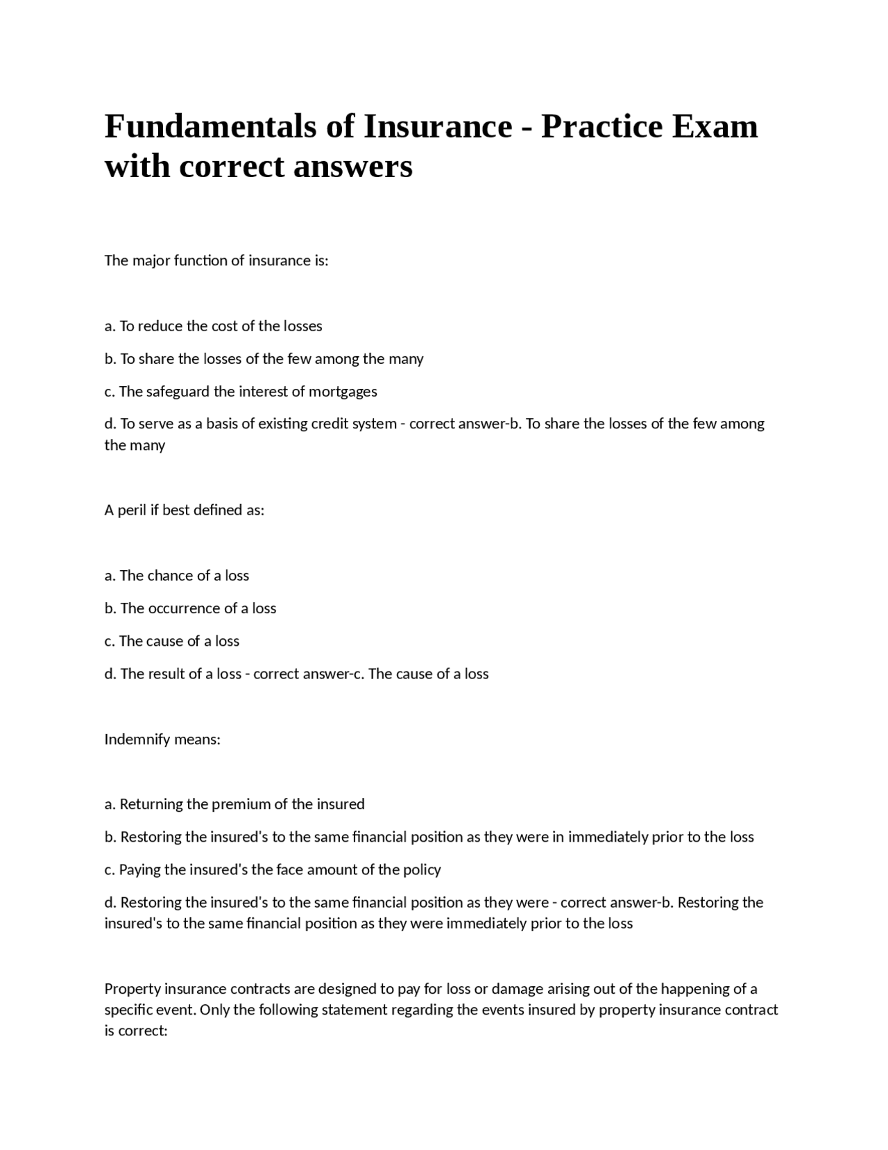 Fundamentals of Insurance - Practice Exam with Correct Answers | Exams ...