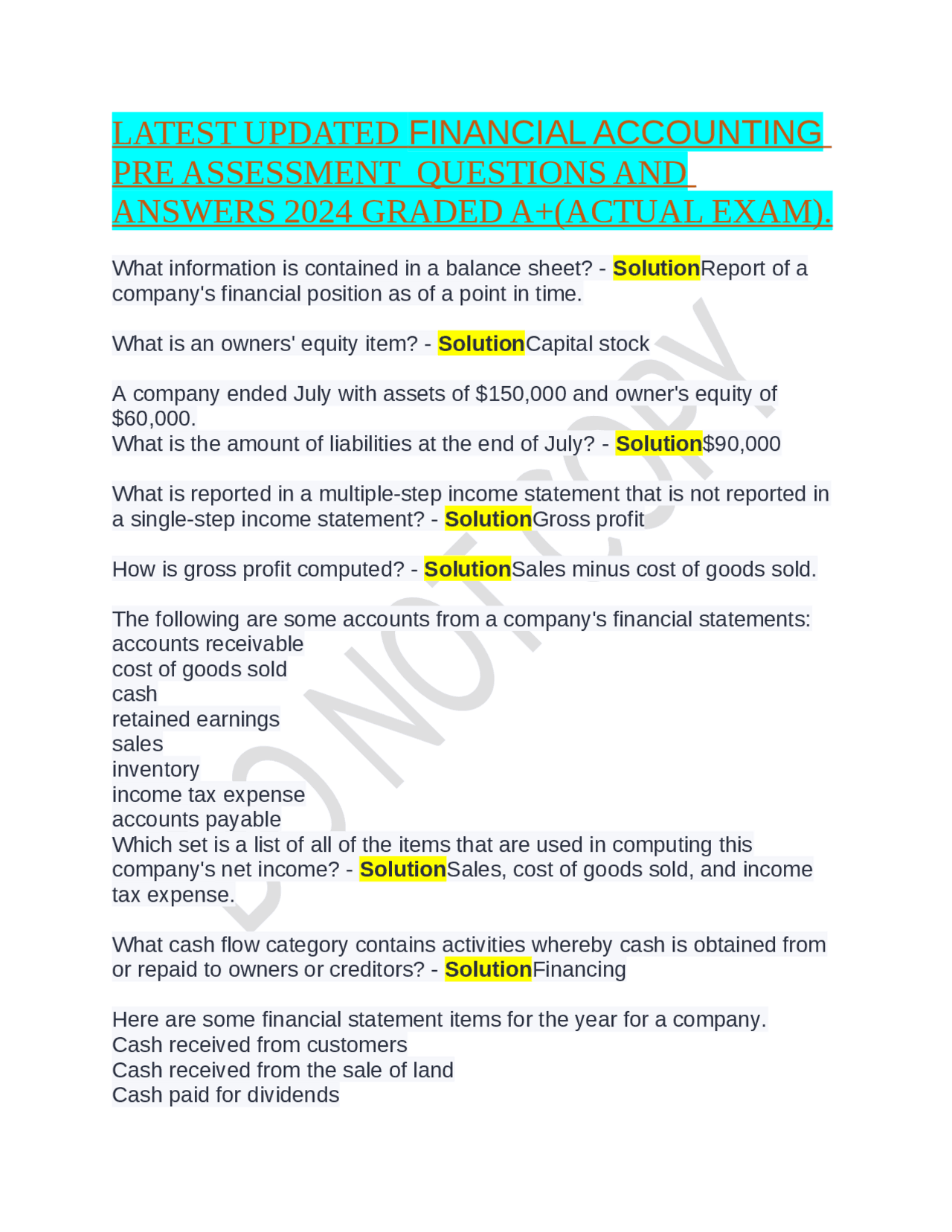 LATEST UPDATED FINANCIAL ACCOUNTING PRE ASSESSMENT QUESTIONS AND ...
