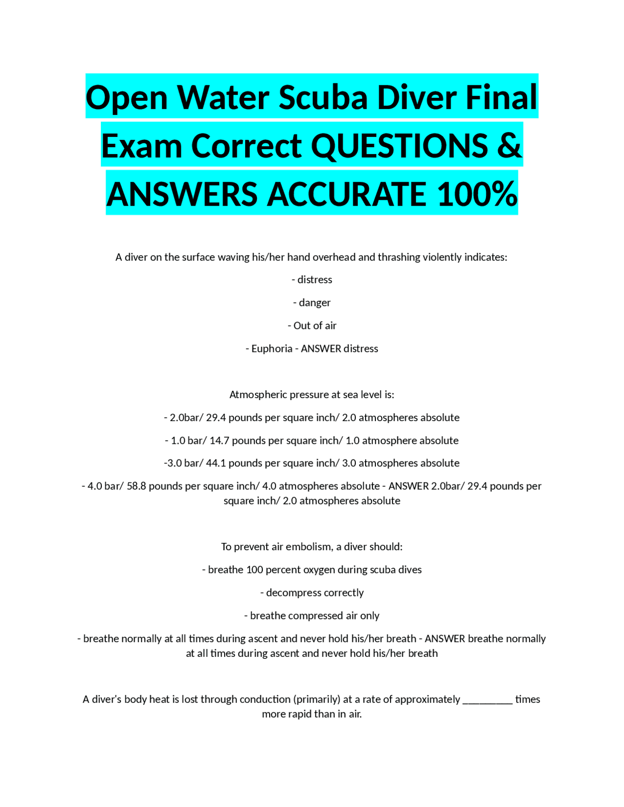 Open Water Scuba Diver Final Exam Correct QUESTIONS & ANSWERS ACCURATE ...