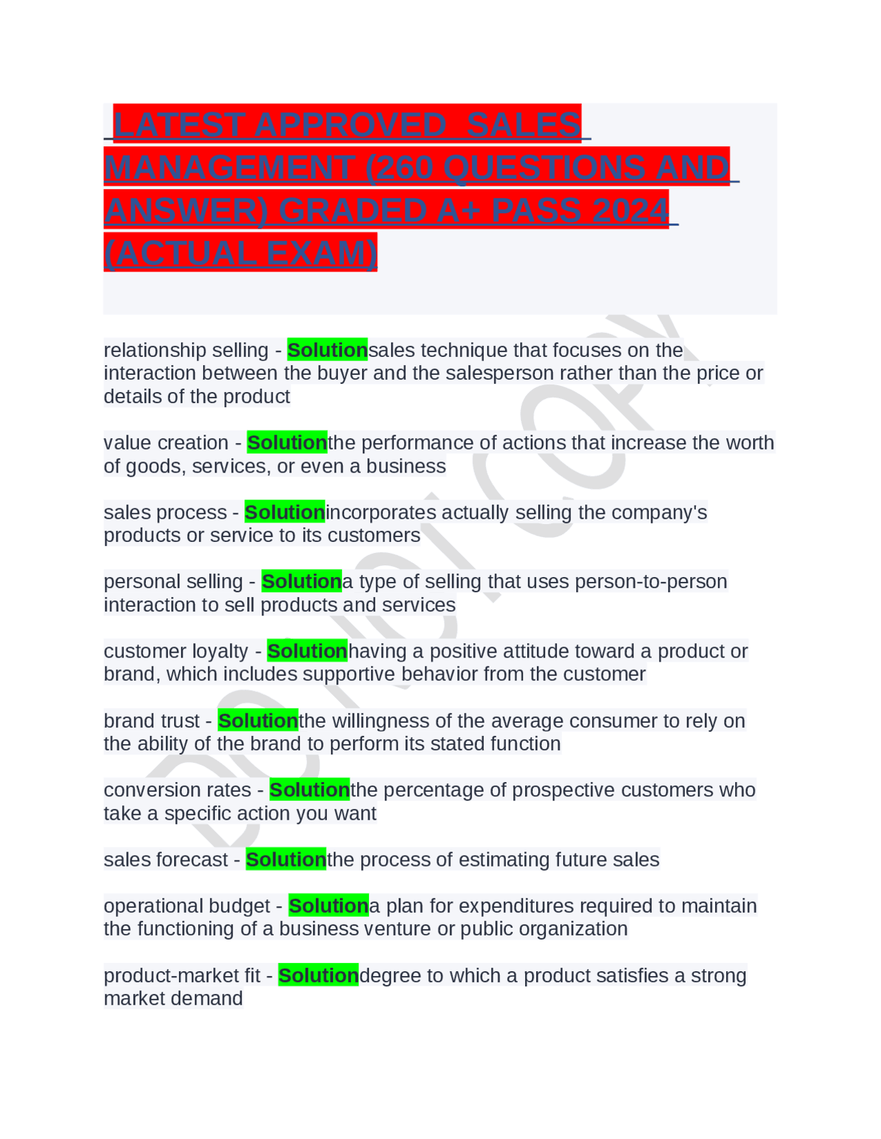 Sales Concepts and Terminology | Exams Sales Management | Docsity