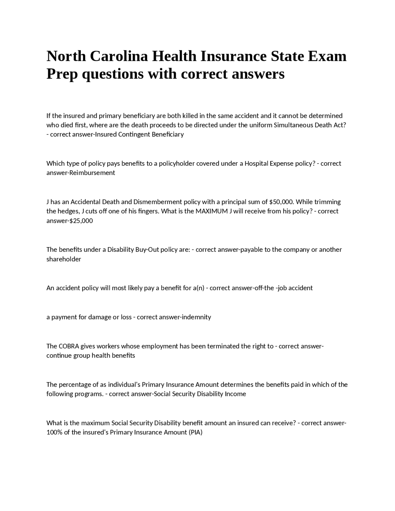 North Carolina Health Insurance State Exam Prep questions with correct ...