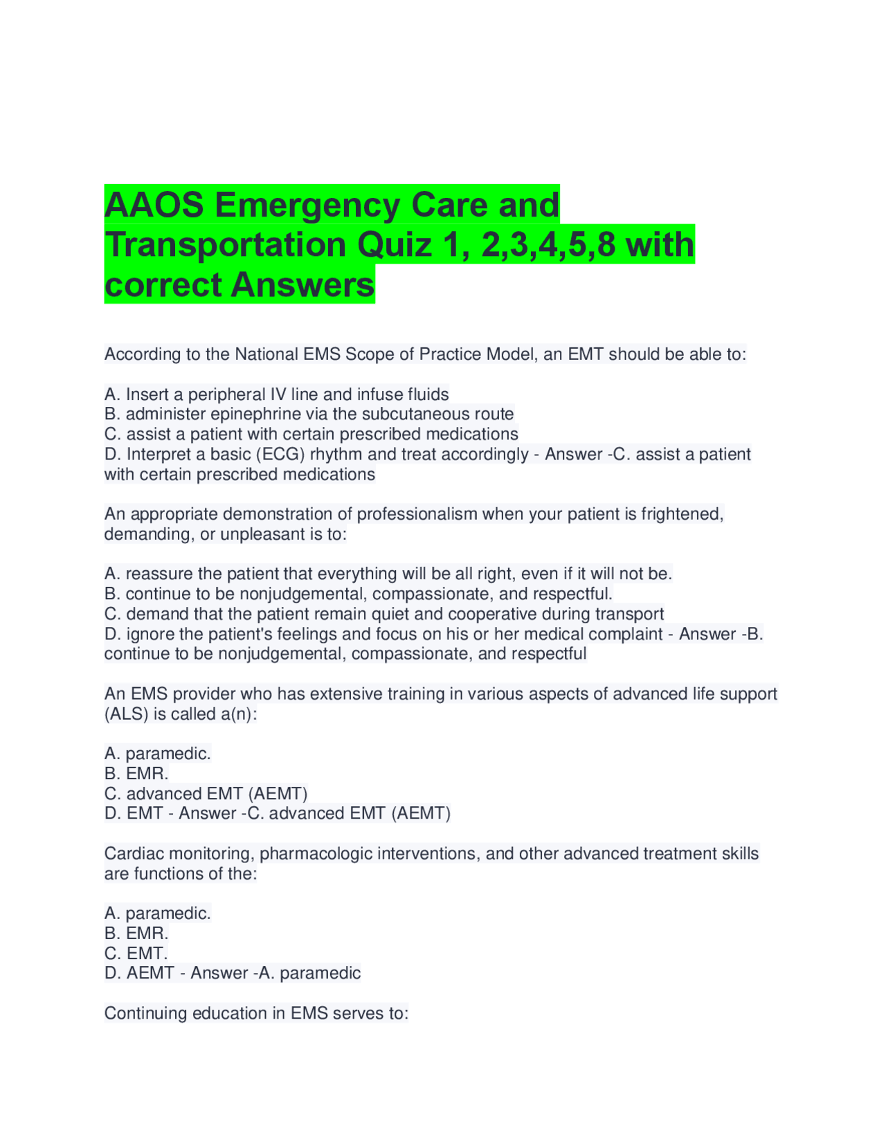AAOS Emergency Care and Transportation Quiz 1, 2,3,4,5,8 with correct ...