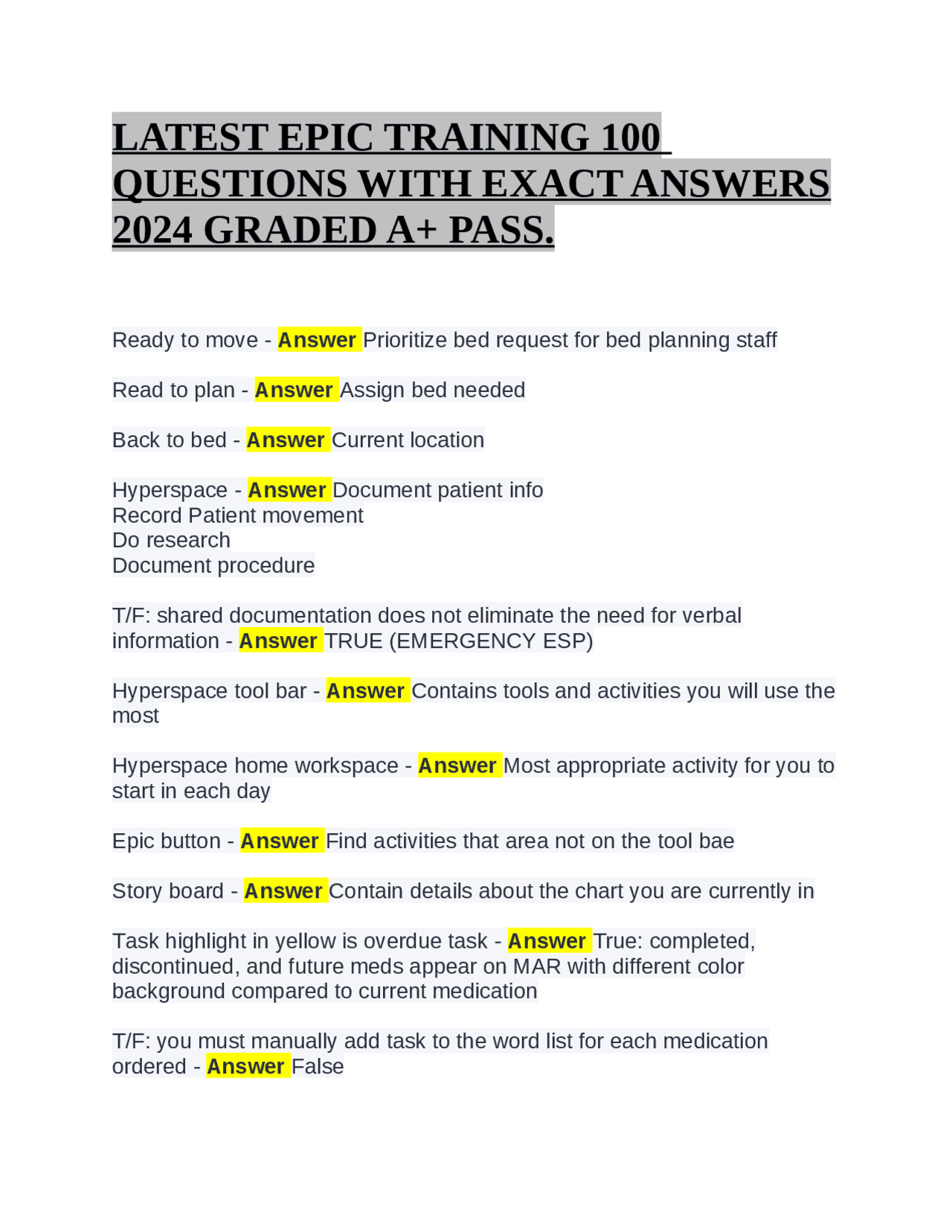 Epic Training 100 Questions with Exact Answers | Exams Nursing | Docsity