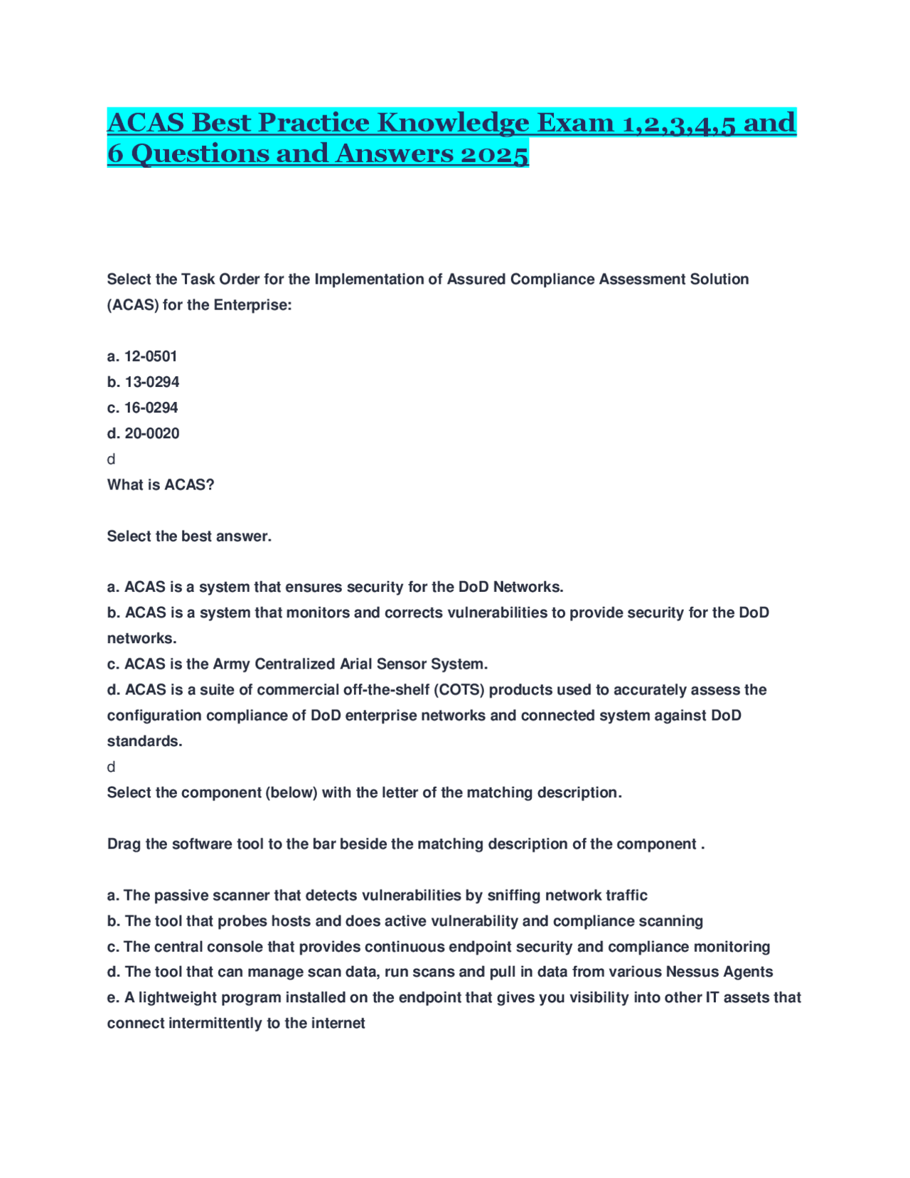 ACAS Best Practice Knowledge Exam 1,2,3,4,5 and 6 Questions and Answers 2025 | Exams Computer ...