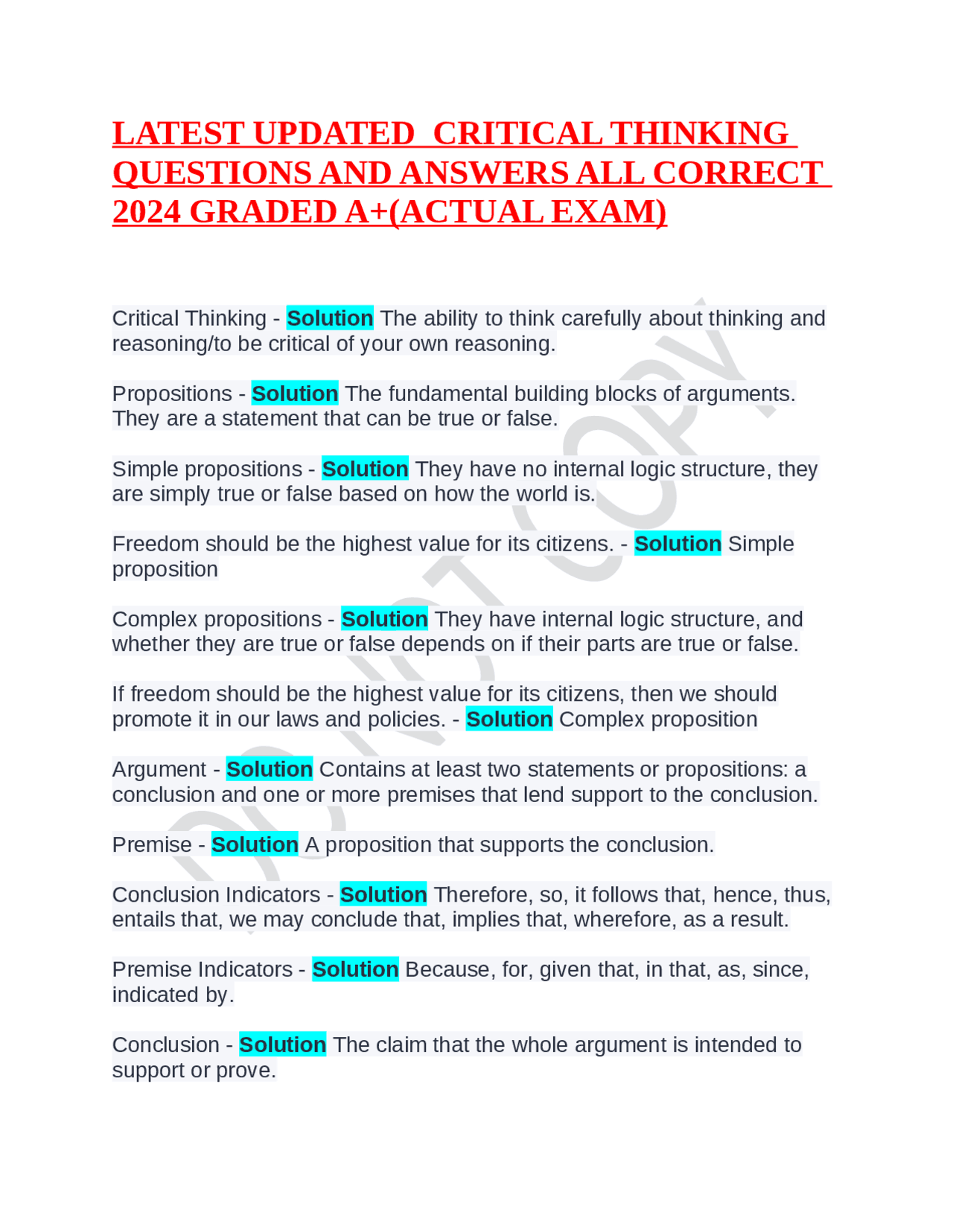 Critical Thinking: Fundamentals of Arguments and Logical Reasoning | Exams Literature | Docsity