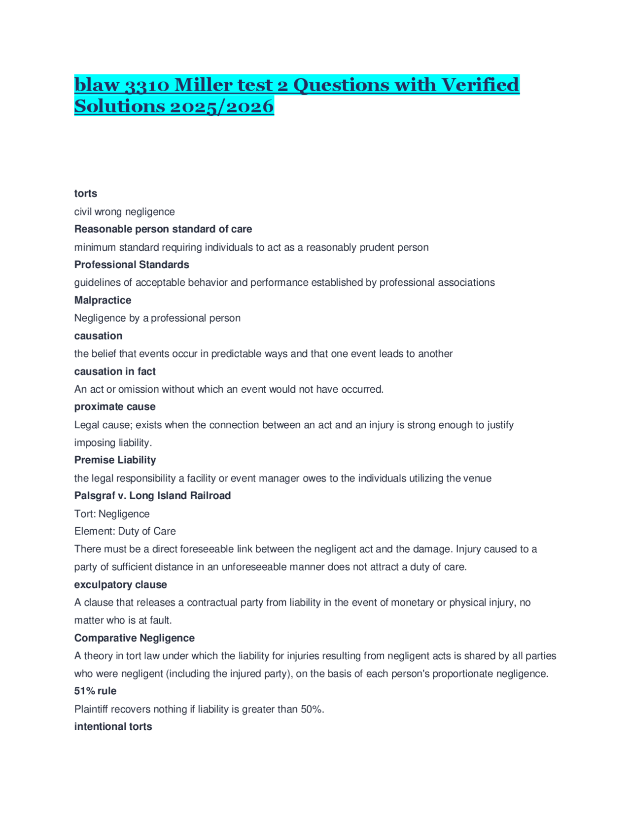 Tort Law and Product Liability | Exams Law | Docsity