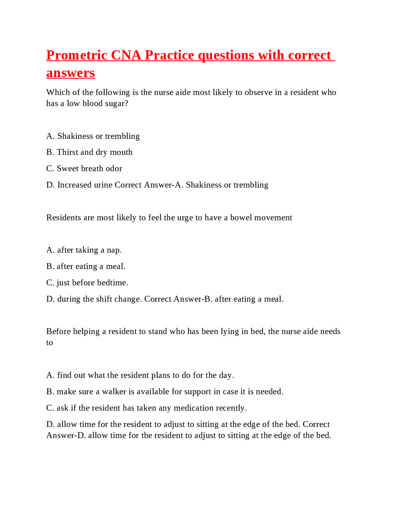 Prometric CNA Practice Questions with Correct Answers | Exams Nursing ...