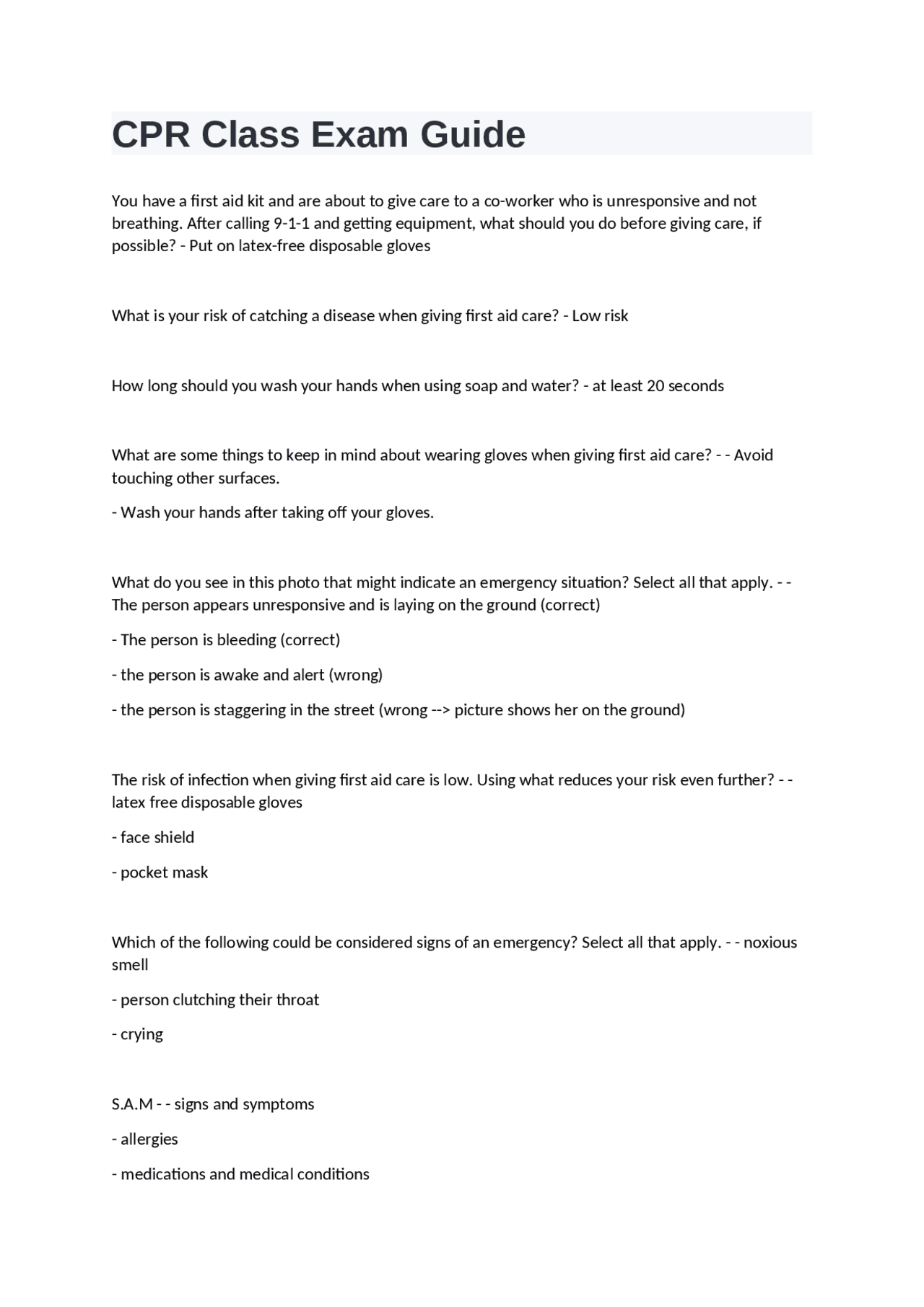 CPR Class Exam Guide | Exams Medicine | Docsity