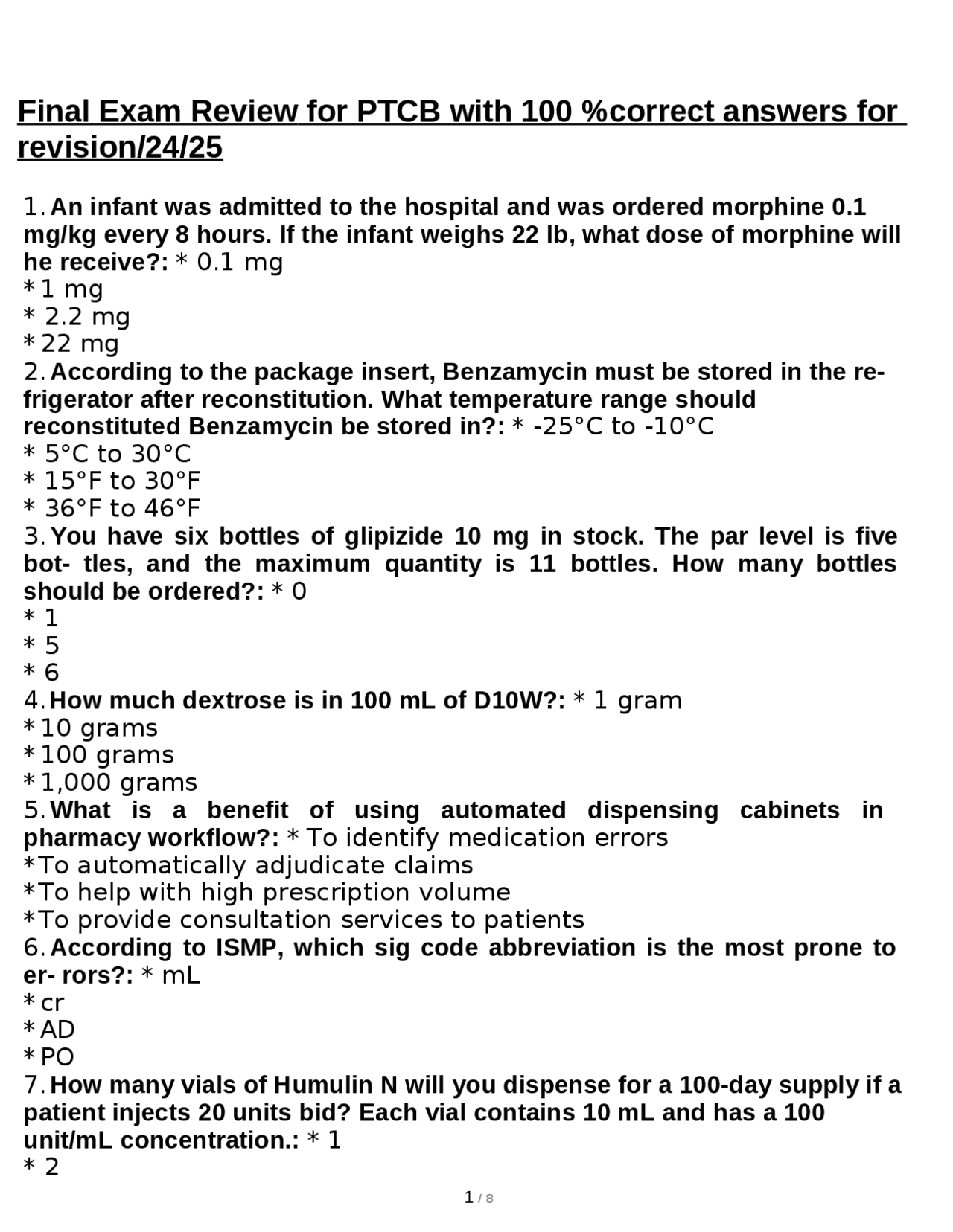 Final Exam Review for PTCB with 100 %correct answers for revision/24/25 ...