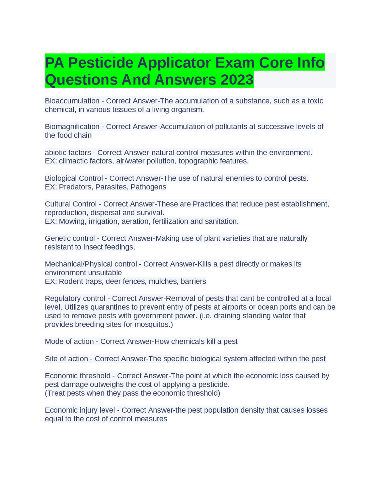 PA Pesticide Applicator Exam Core Info Questions And Answers 2023 ...