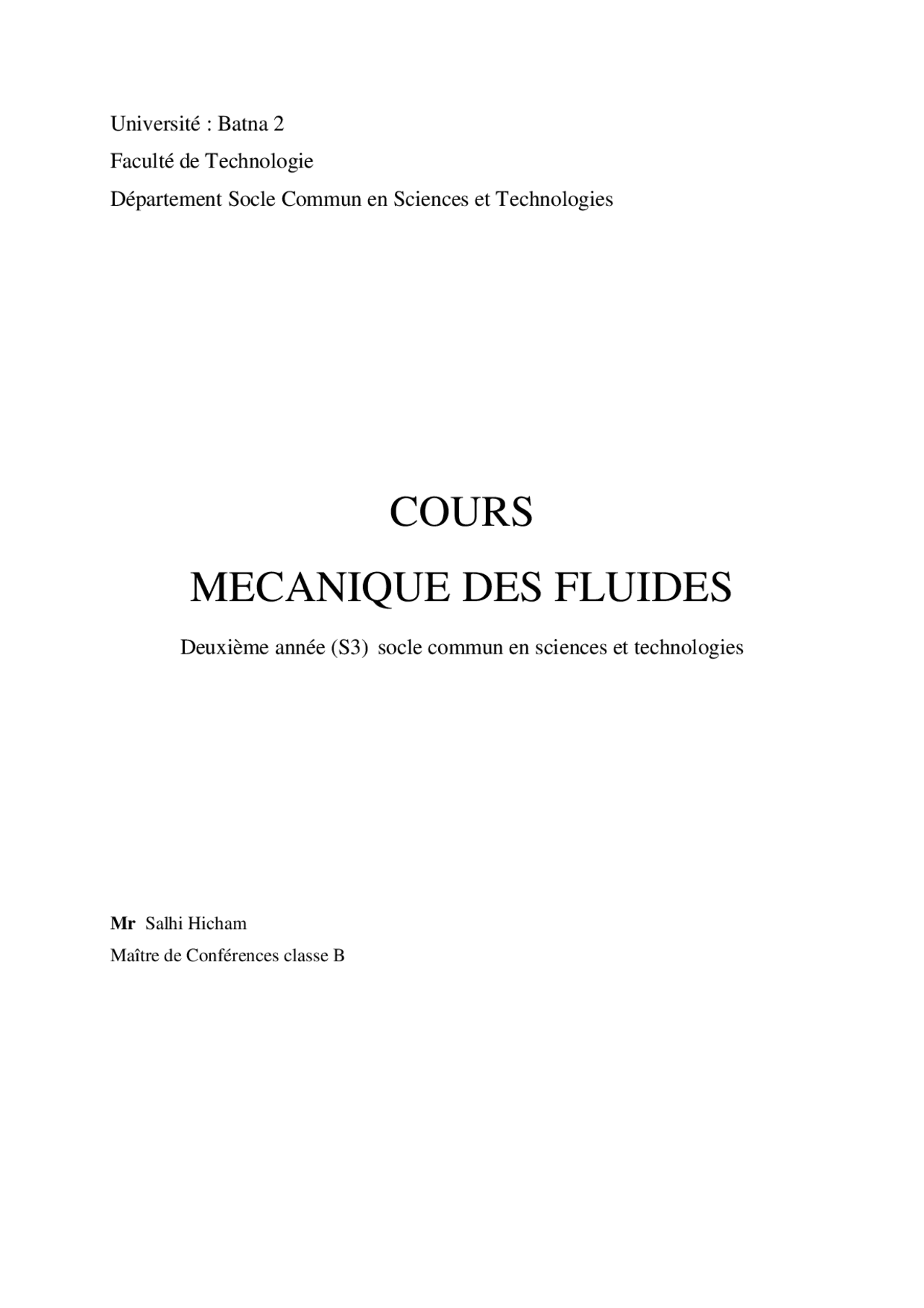 Mécanique des fluides | Lecture notes Mathematics | Docsity