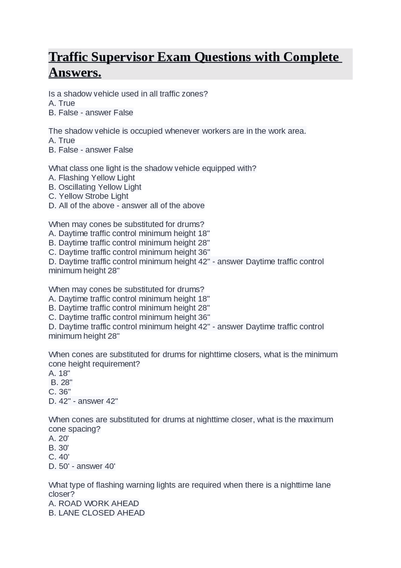 Traffic Supervisor Exam Questions with Complete Answers. | Exams ...