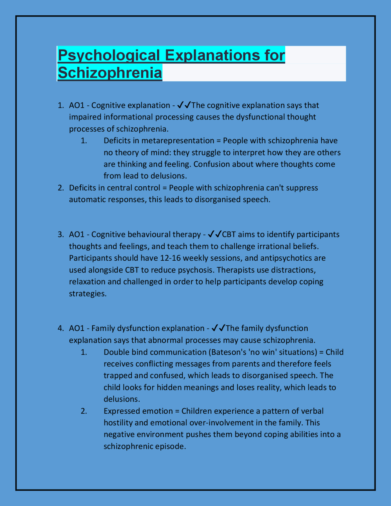 Psychological Explanations for Schizophrenia Question with Answers A+ ...