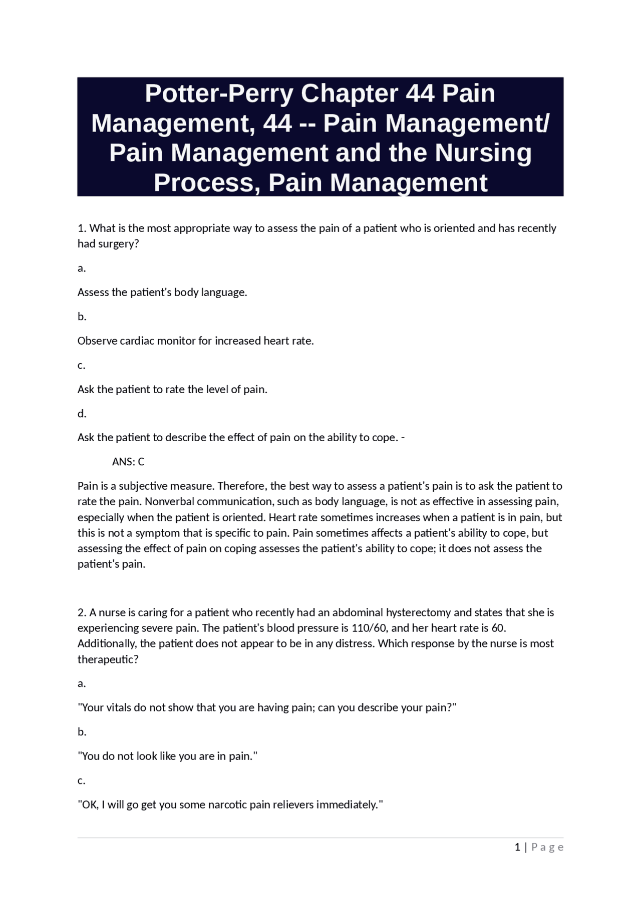 Potter-Perry Chapter 44 Pain Management, 44 -- Pain Management Pain ...