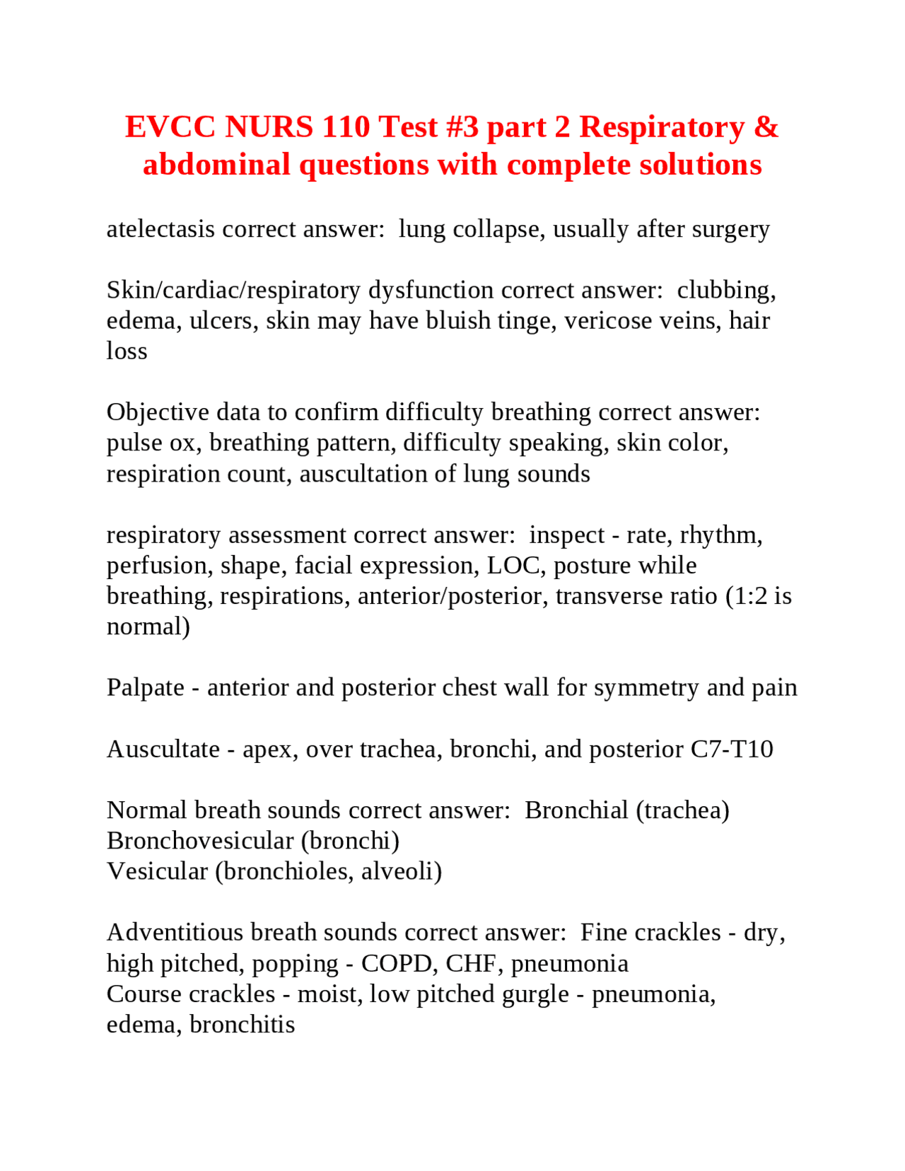 EVCC NURS 110 Test #3 part 2 Respiratory & abdominal questions with ...