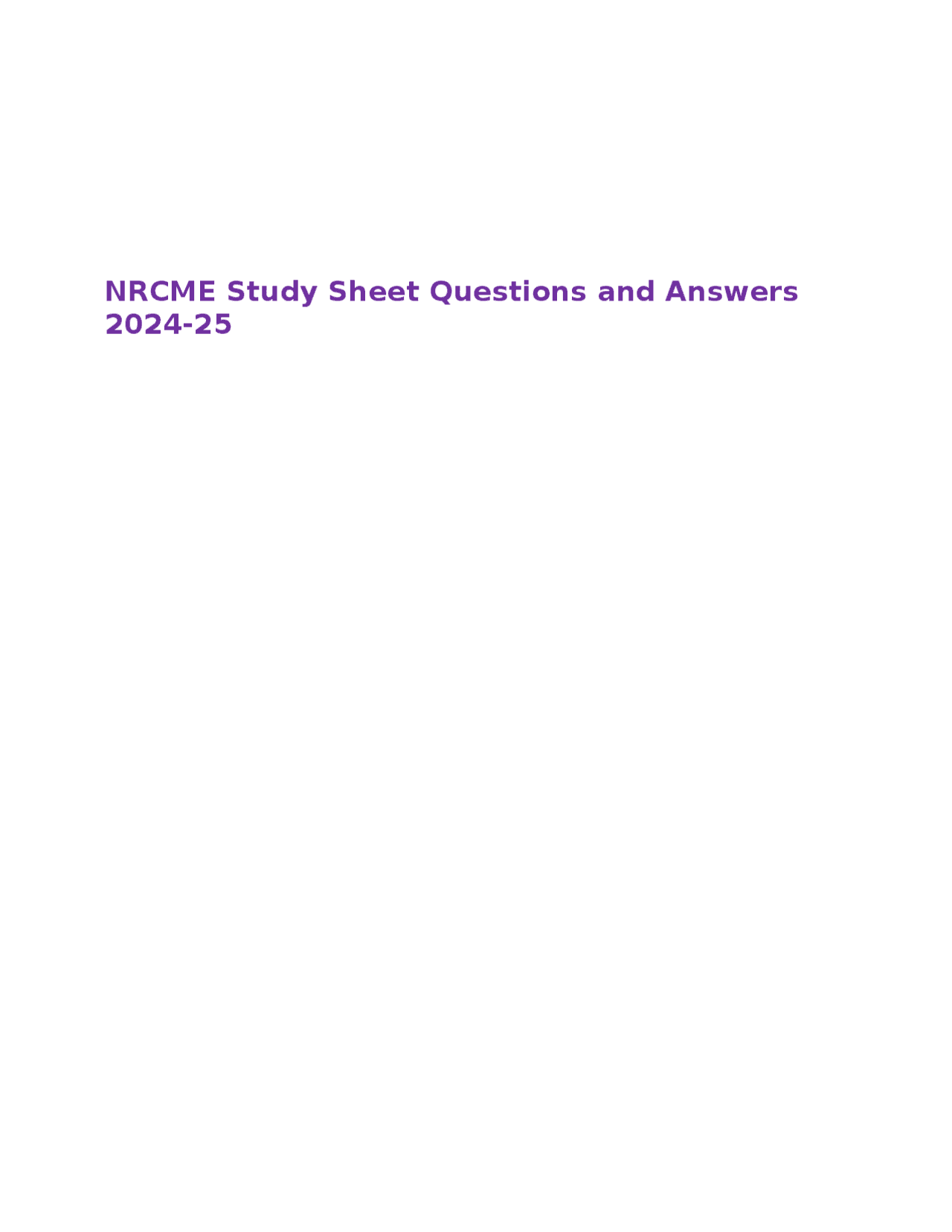 NRCME Study Sheet Questions and Answers 2024-25 | Exams Nursing | Docsity